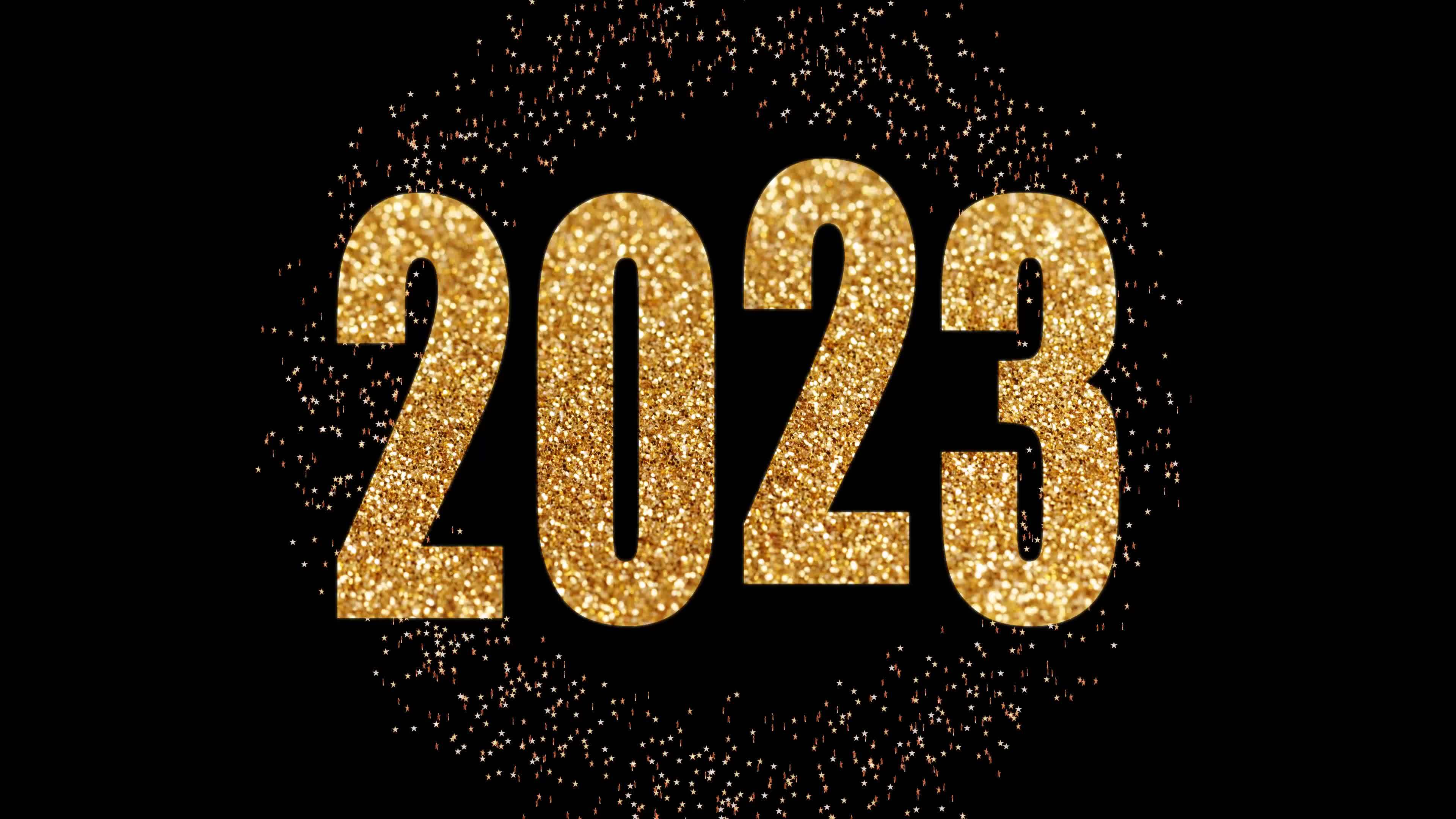 text 2023 animation and flying Christmas balls isolated on black ... text 2023 animation and flying Christmas balls isolated on black ...