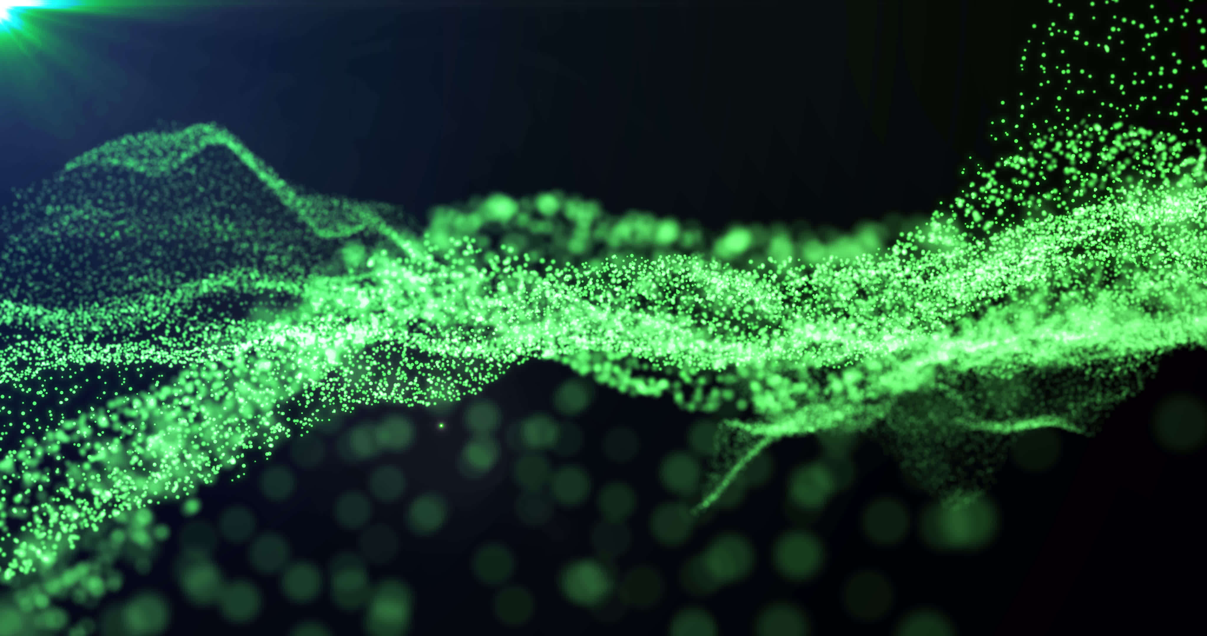 Futuristic abstract green glowing wave lines from dots and particles of shining pixels magical ...