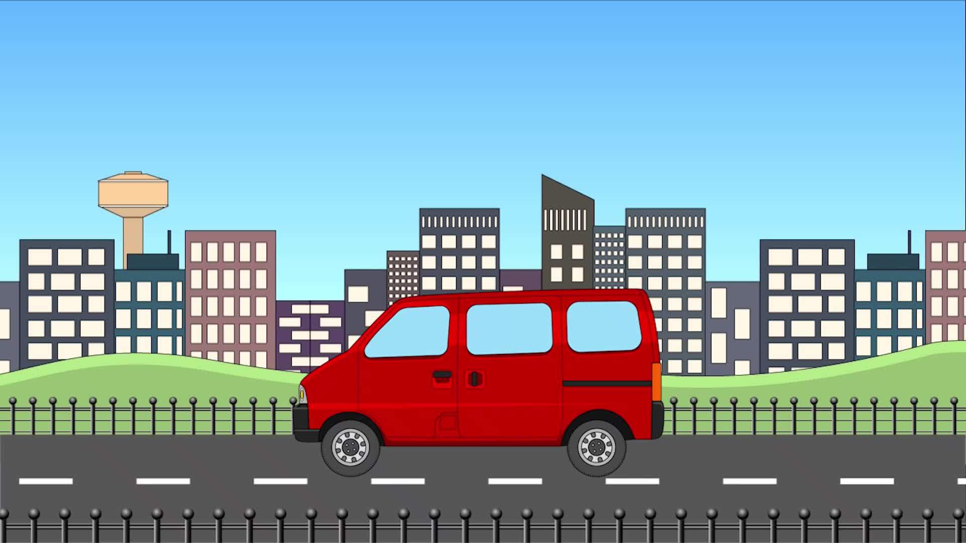 Bright Red Color Van Car Passing On Urban Building Background Simple 2d Car Animation 16735531
