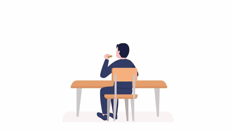 Animated student eating sandwich. Lunch break. Full body flat person on ...