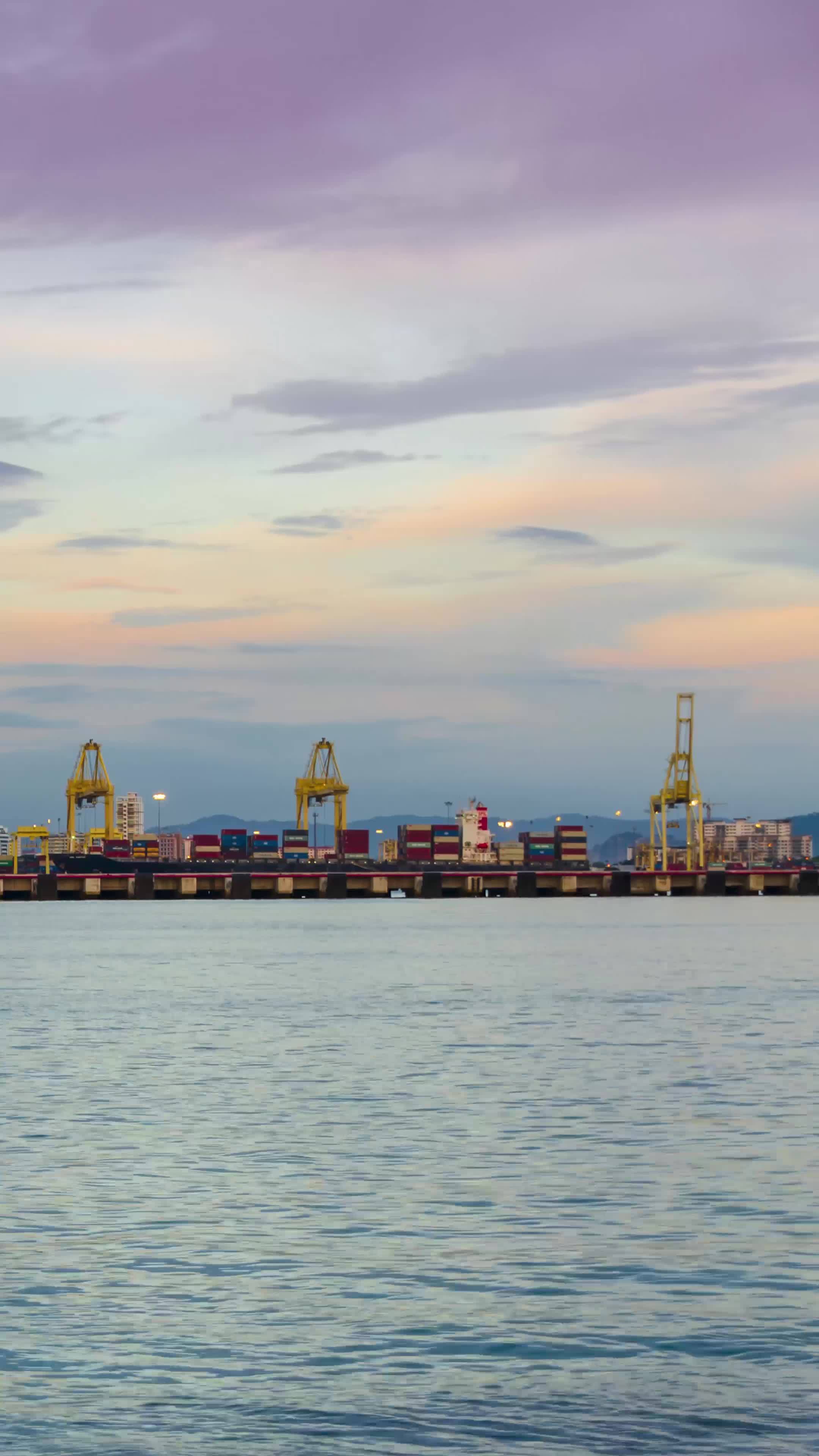 vertical timelapse of deep sea port with cargoship loading and ...