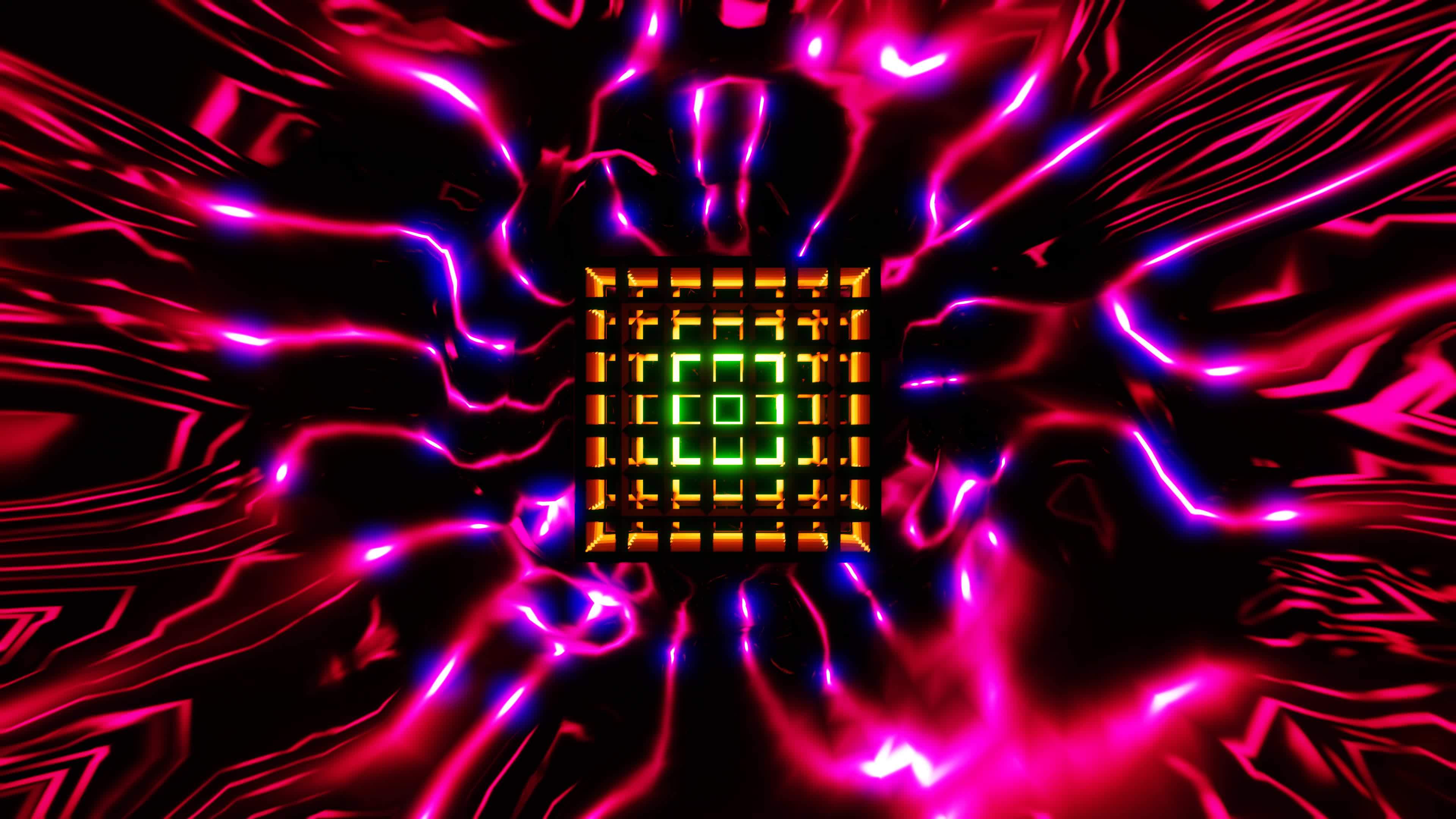 abstract pulsing geometric cube in a colorful galactic sci-fi tunnel vj ...