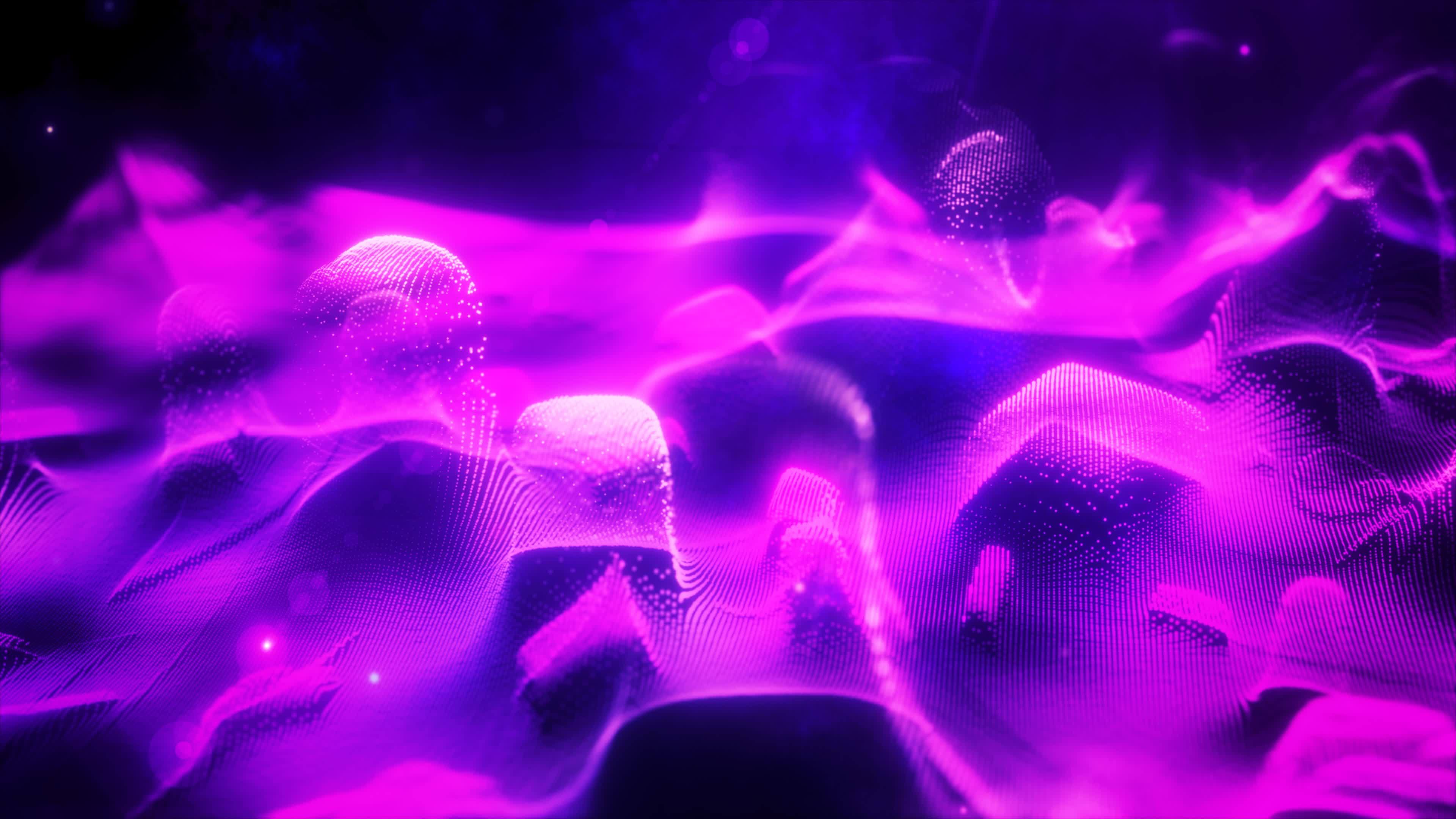 Abstract Moving Purple Futuristic Landscape Of Particles And Dots Of Energetic Magic With Glow