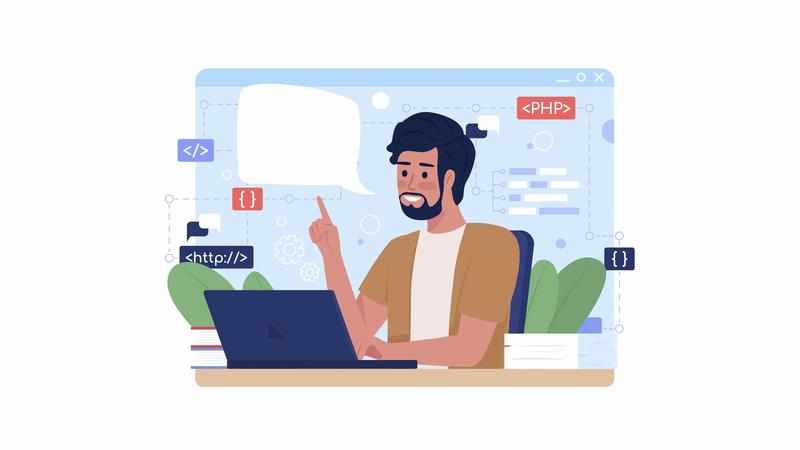 Animated online coding course. Programming language. Loop flat 2D character HD video footage ...