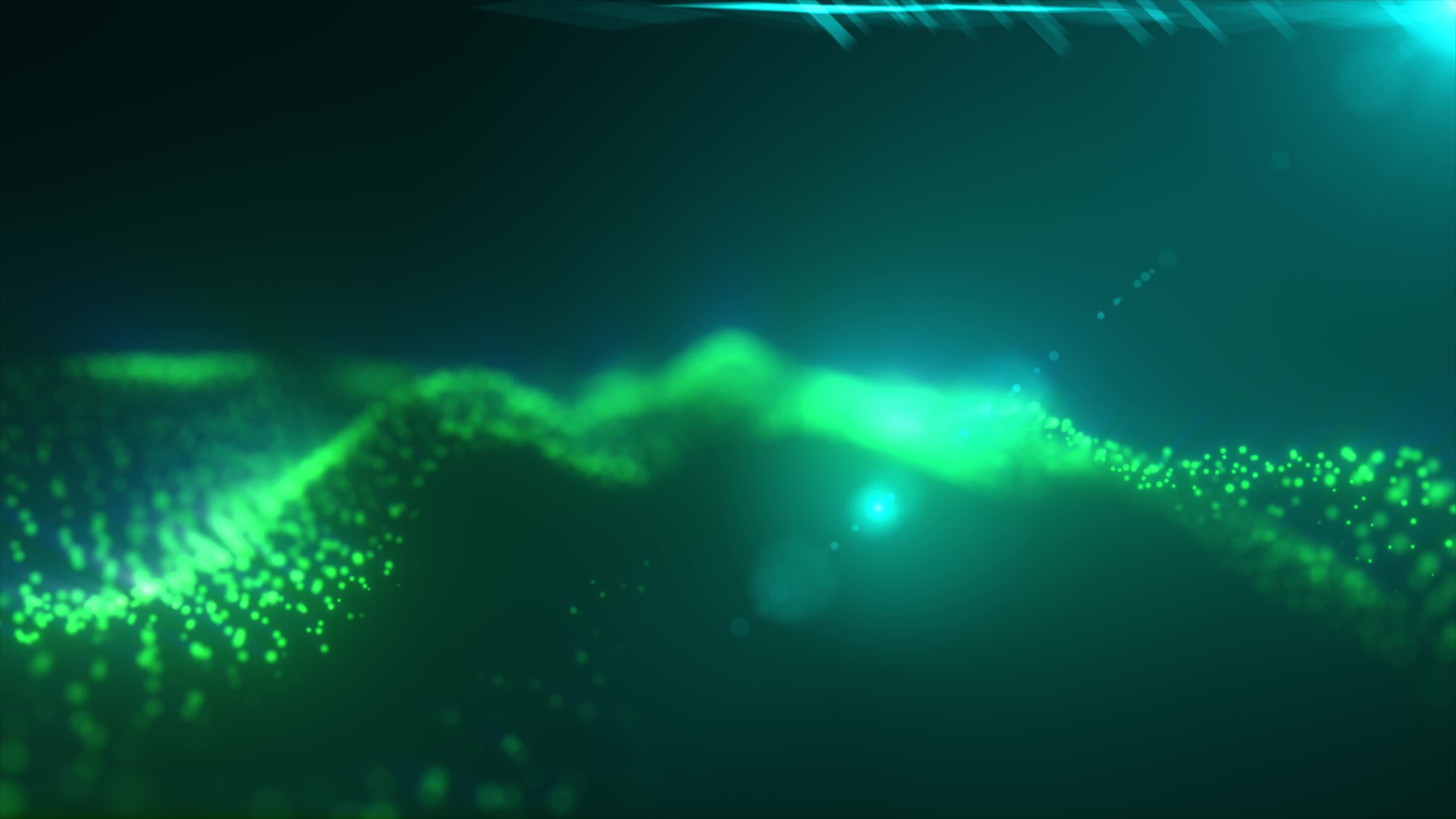 Abstract glowing green magic energy wave from particles and dots bright shiny on a dark ...