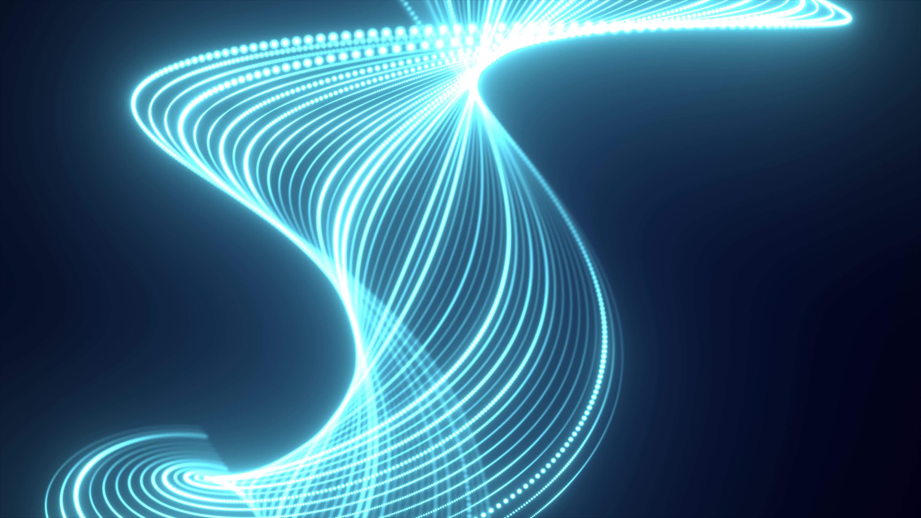Abstract blue waves from lines and dots of particles of glowing swirling futuristic hi-tech with ...