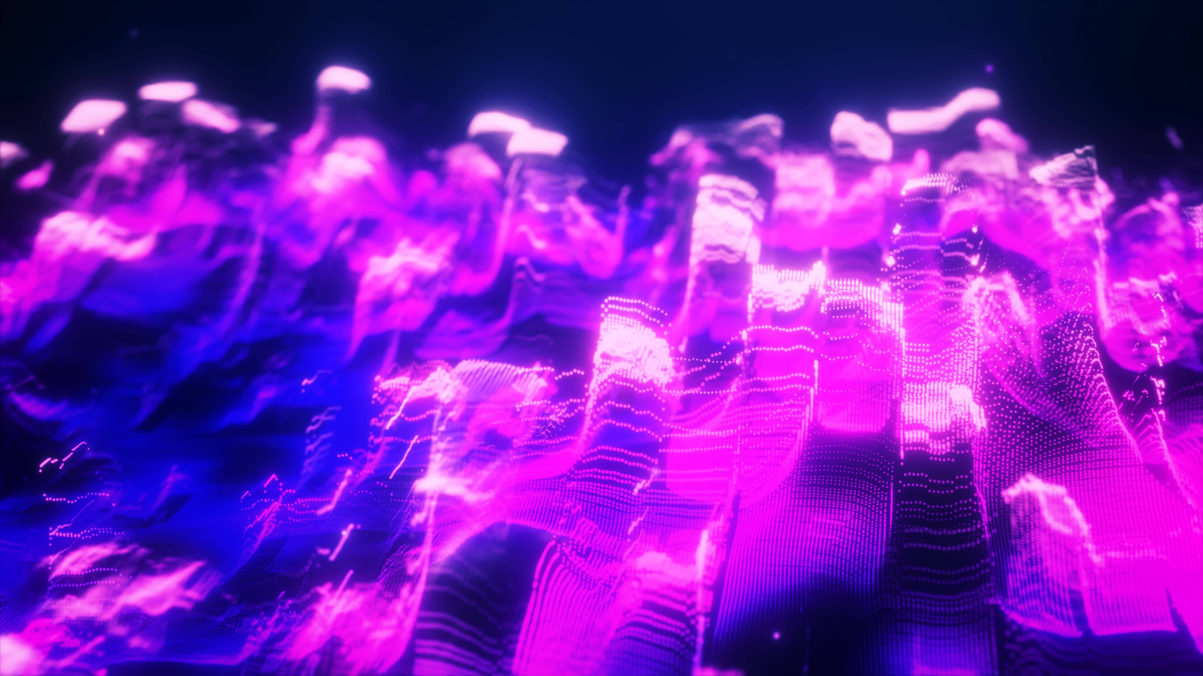 Abstract Moving Purple Futuristic Landscape Of Particles And Dots Of Energetic Magic With Glow