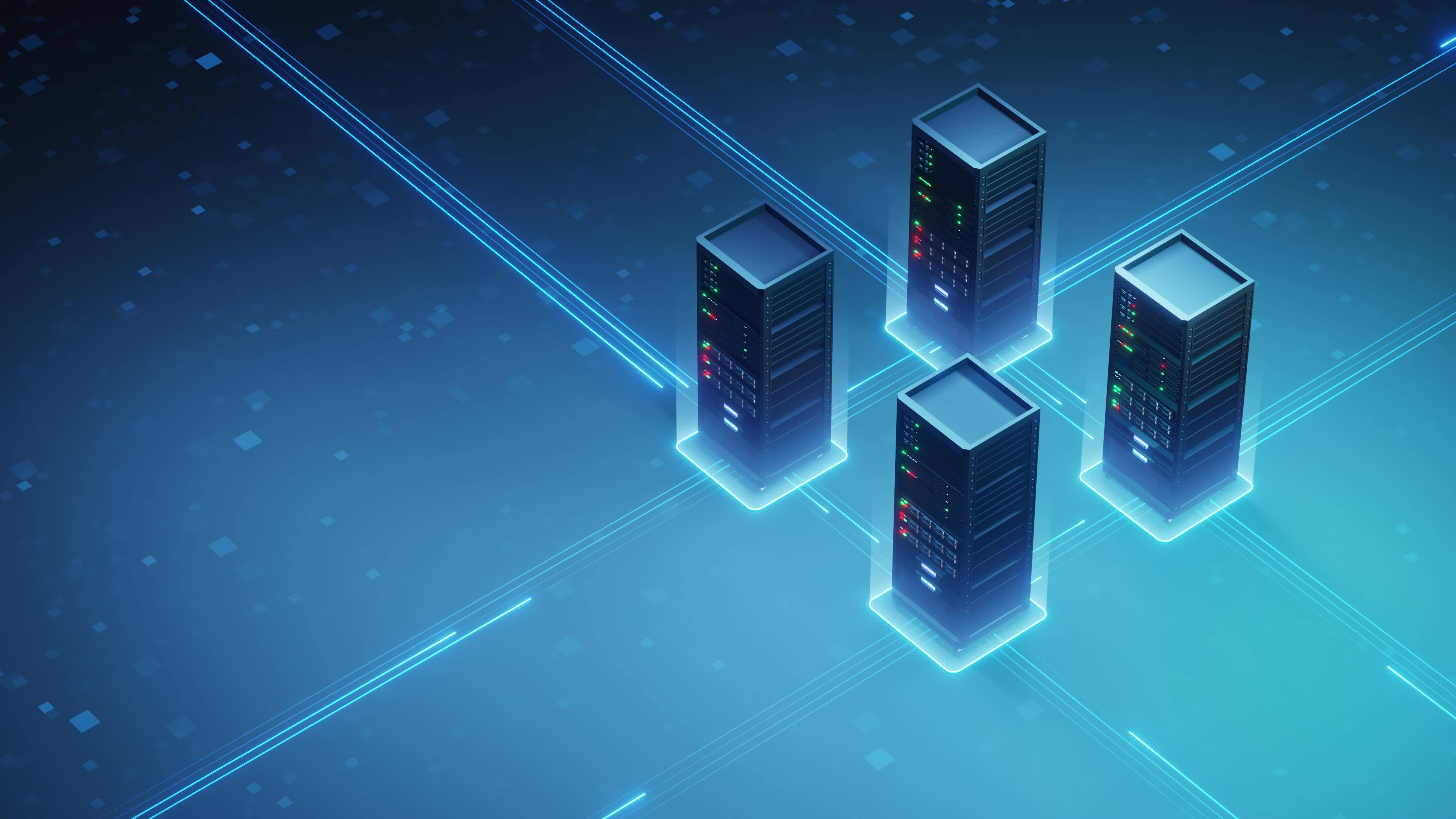 Server Room Futuristic Isometric Background With Copy Space Flowing Data Line Connect Server