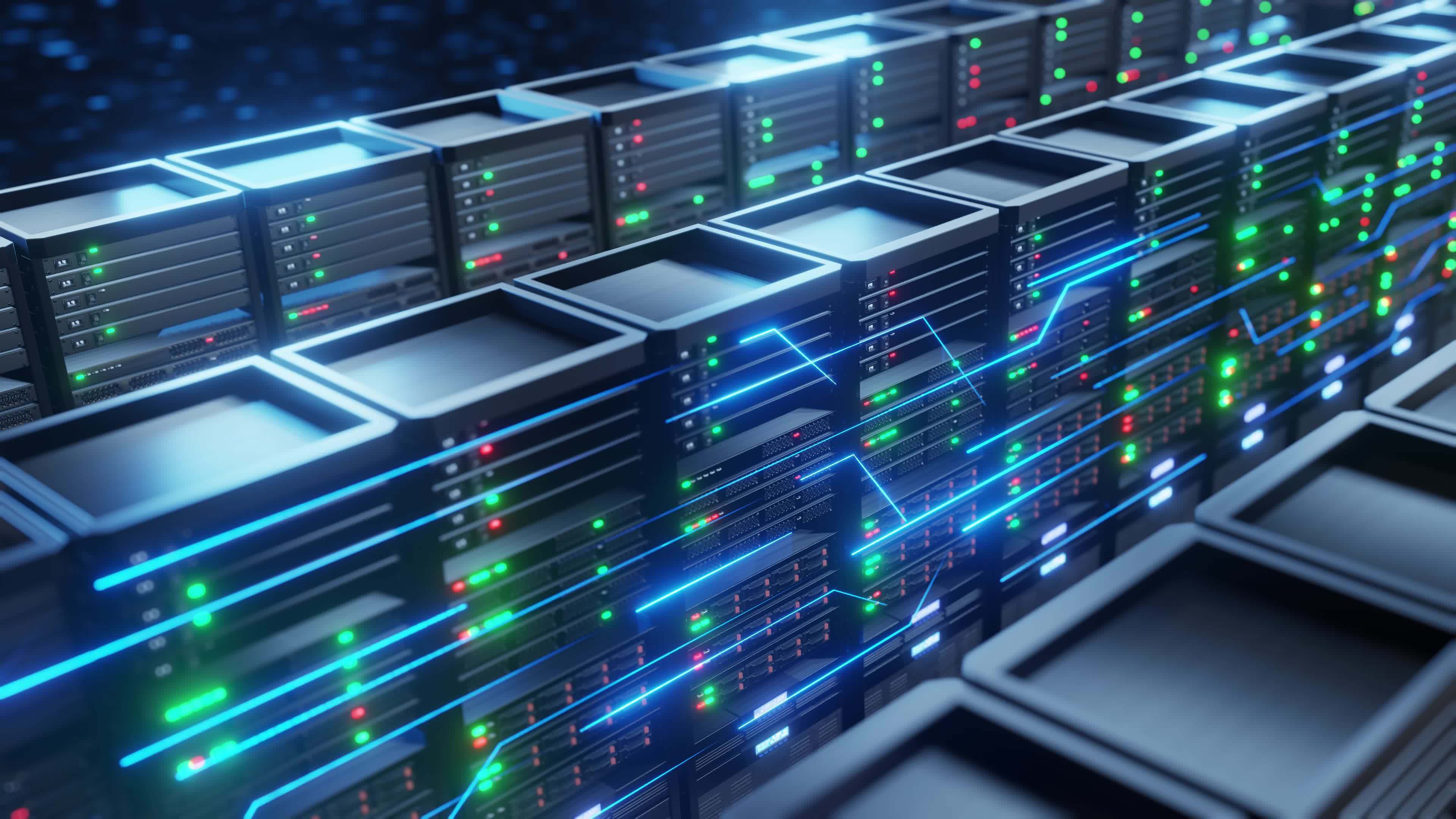 digital data flow in server room futuristic. camera dolly shot ...