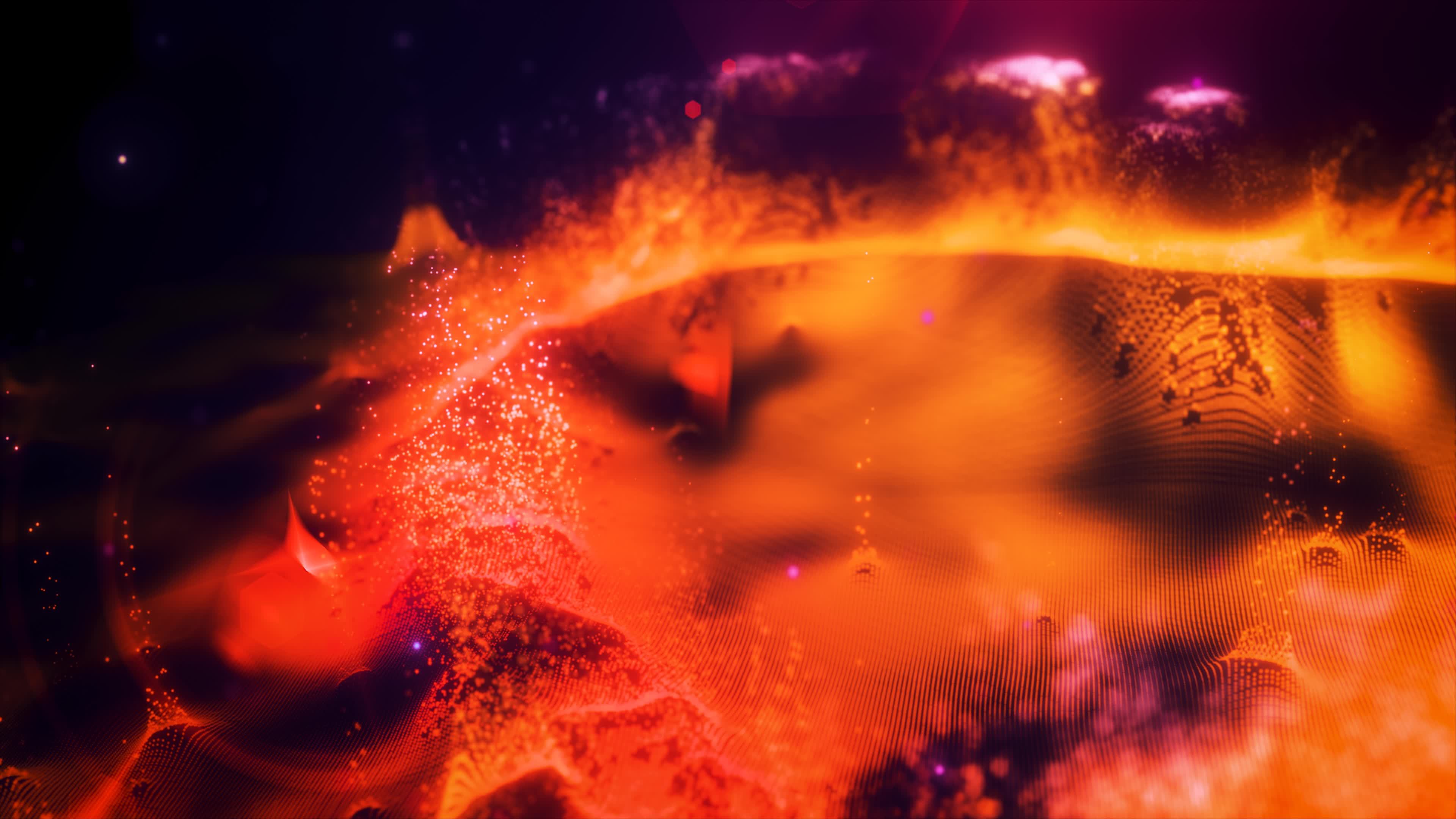 Abstract Moving Orange Futuristic Landscape Of Particles And Dots Of Energetic Magic With Glow