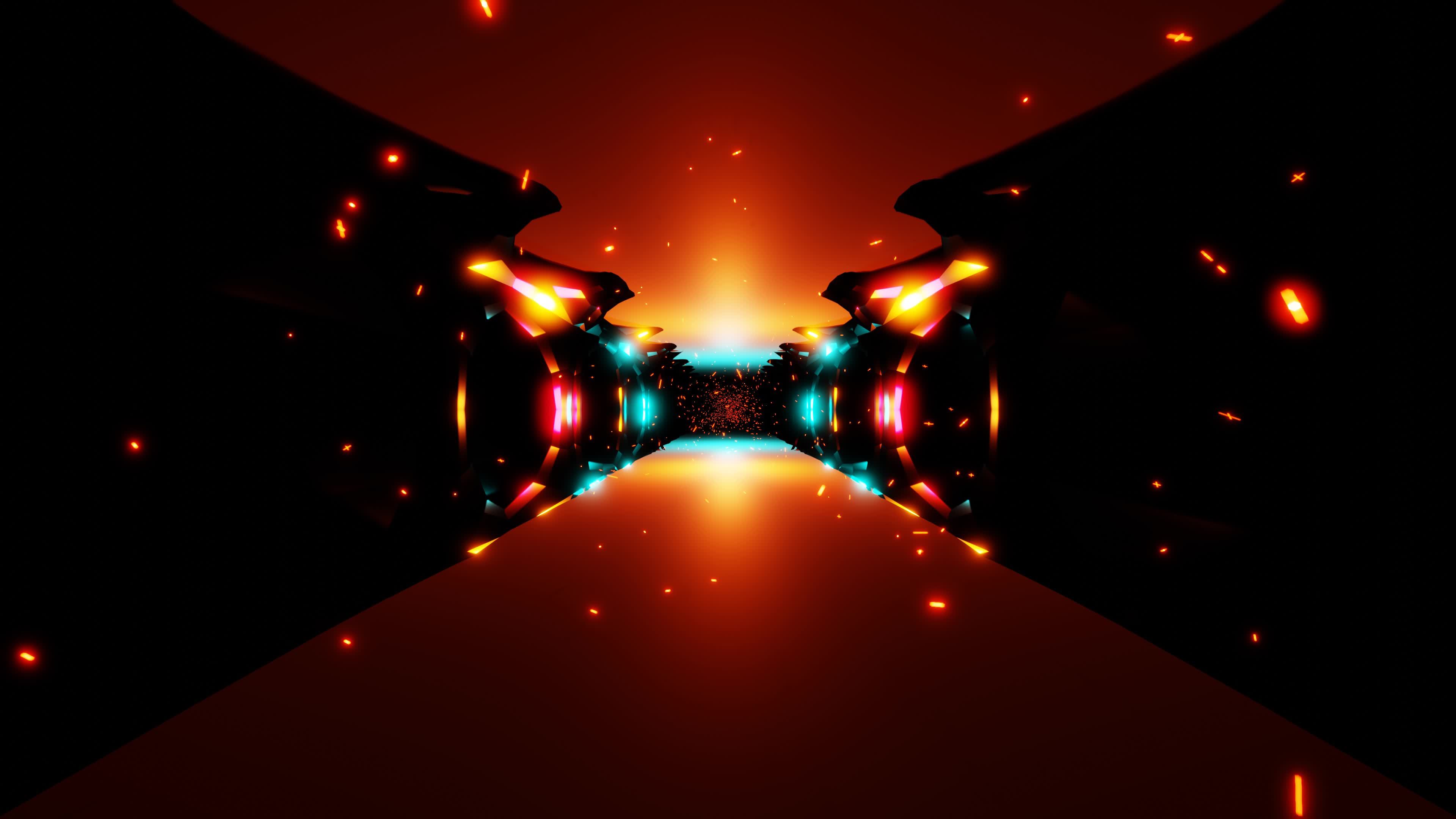 beautiful space reflection sci-fi tunnel with flying fire particles 3d vj loop. 4k footage ...
