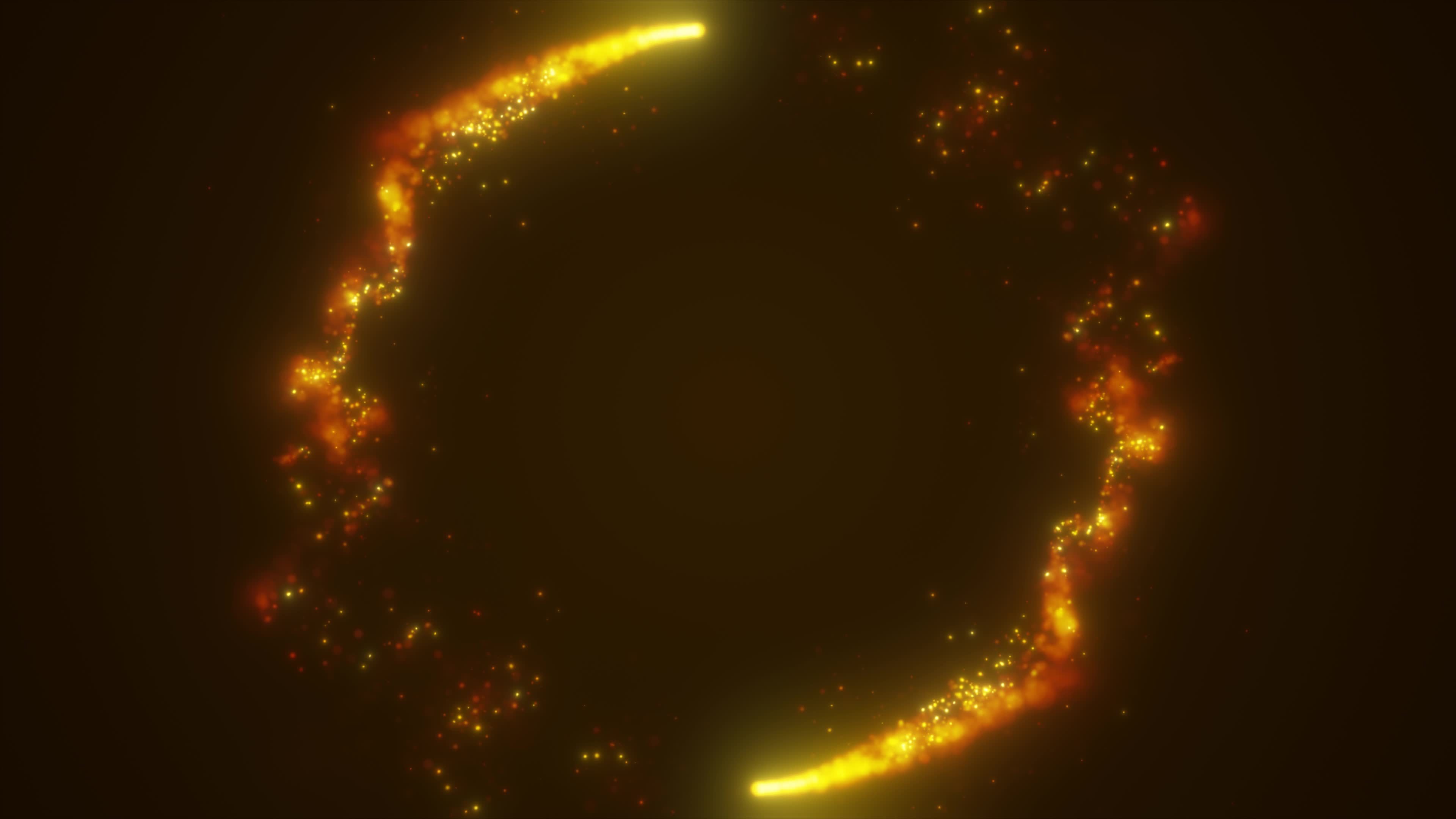 Abstract yellow gold fiery energy lines and cyclic circles with magic bokeh from particles ...