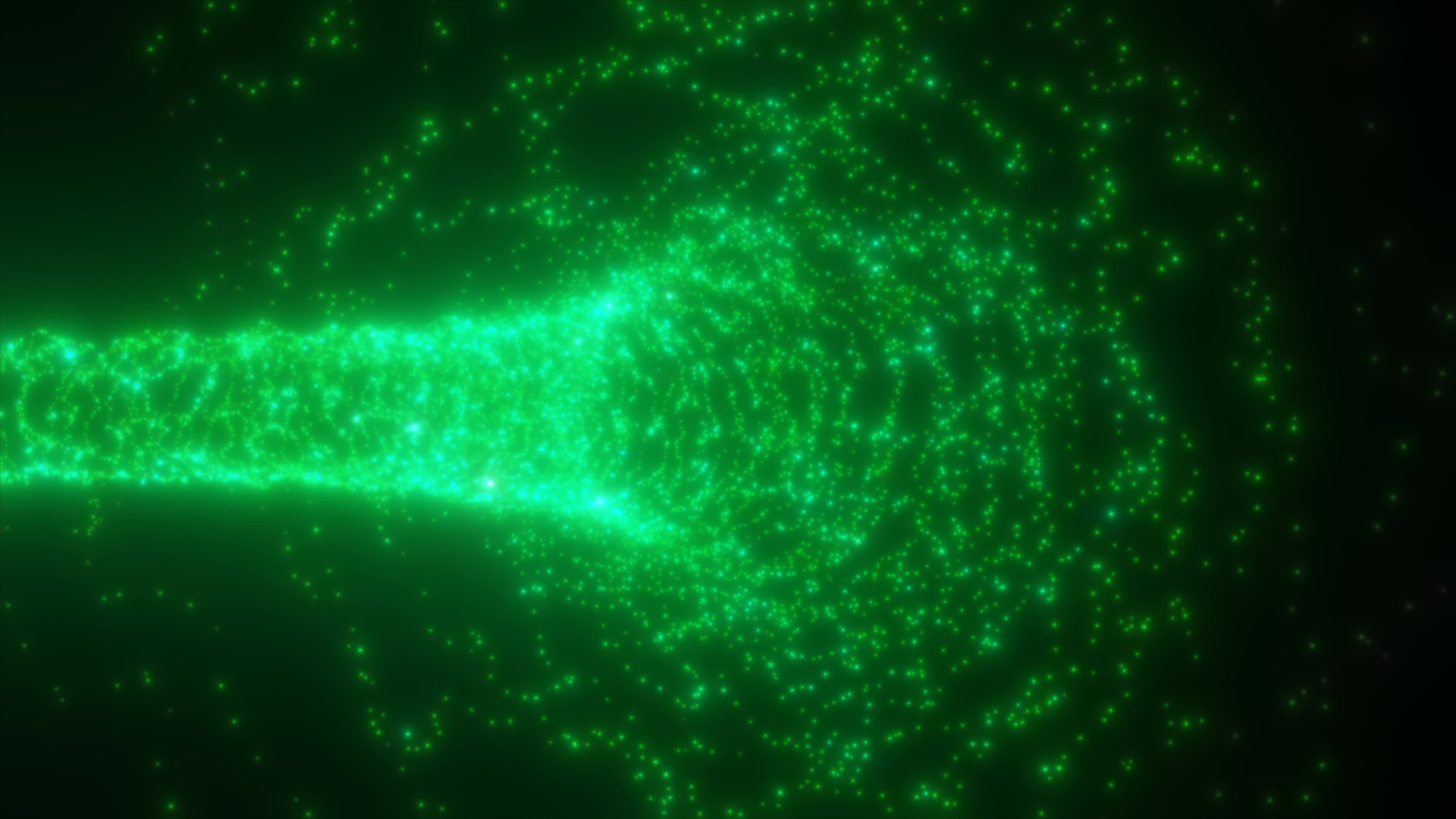 Abstract green tunnel swirling from particles and dots of glowing bright futuristic hi-tech with ...