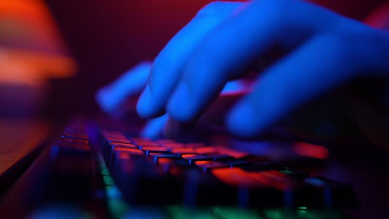 Male Hands Typing on a Computer Keyboard in Neon Lighting. Unrecognizable Guy Working on a ...