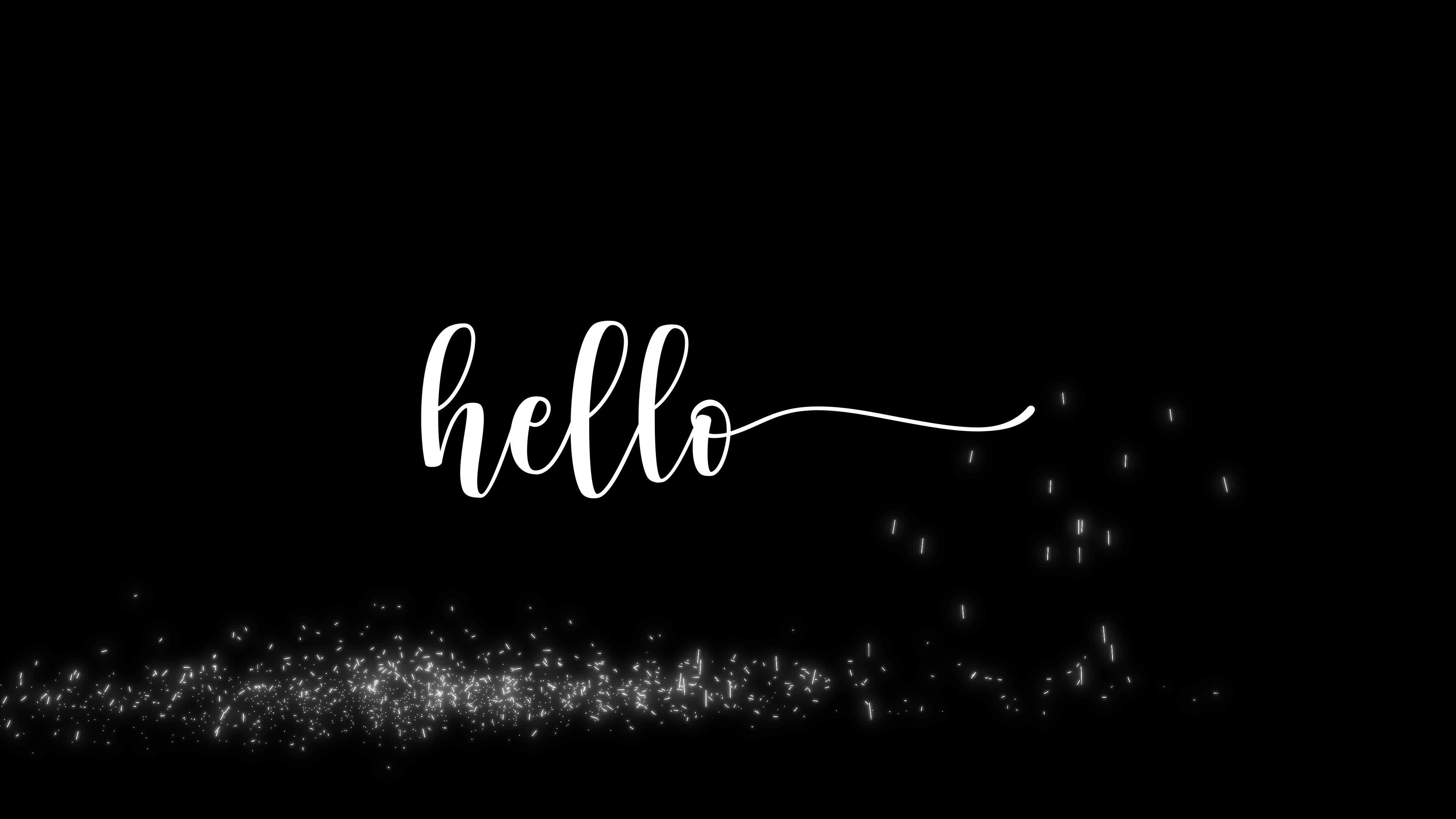 Hello animation with white handwritten text and falling particles on a sparkling floor on a ...