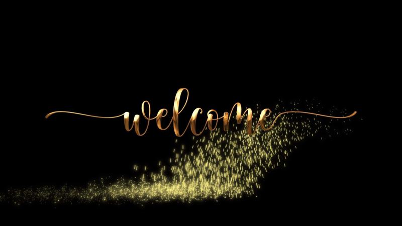 Welcome animation with gold handwritten text and falling particles on a ...