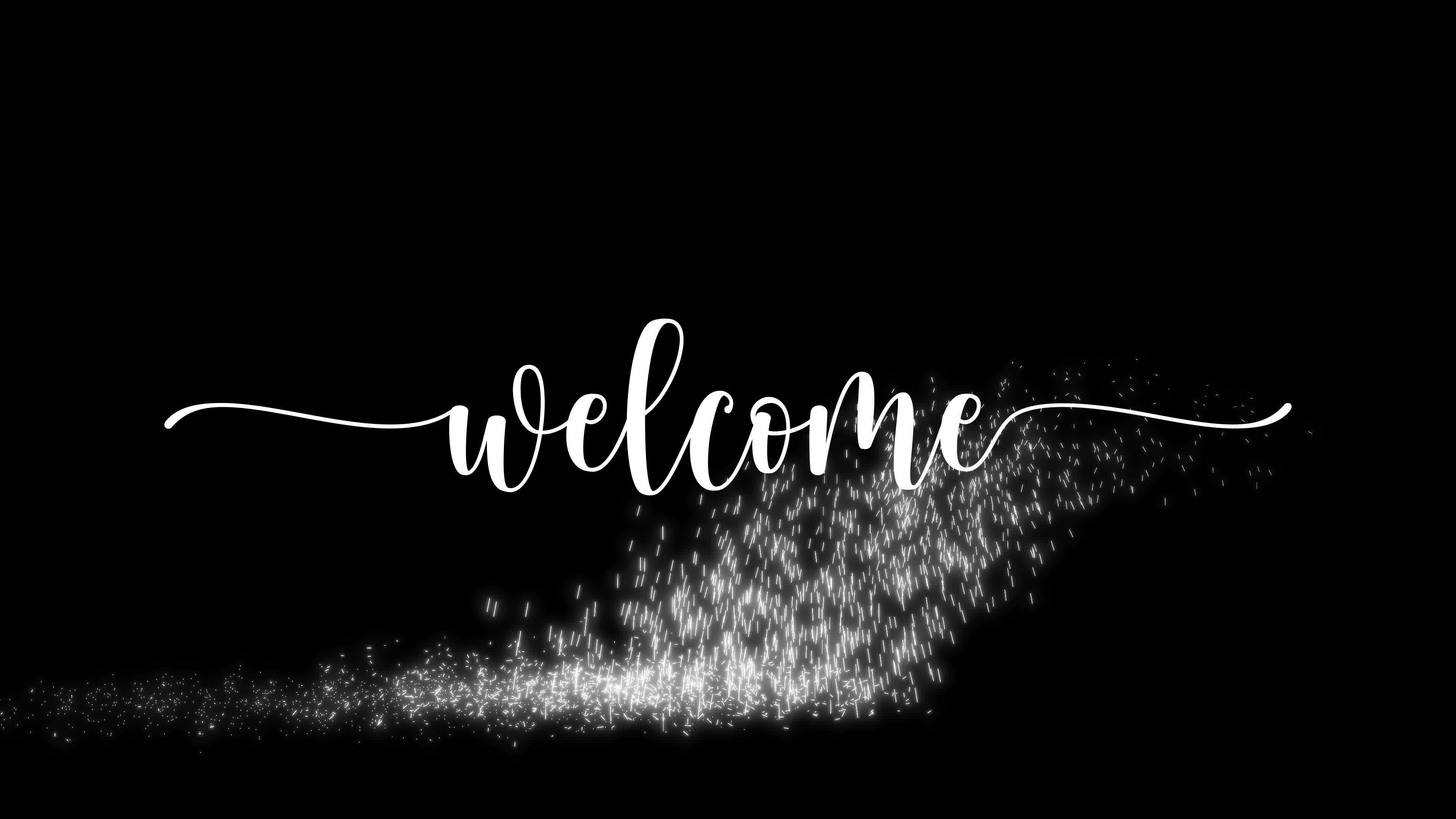 Welcome animation with white handwritten text and falling particles on ...