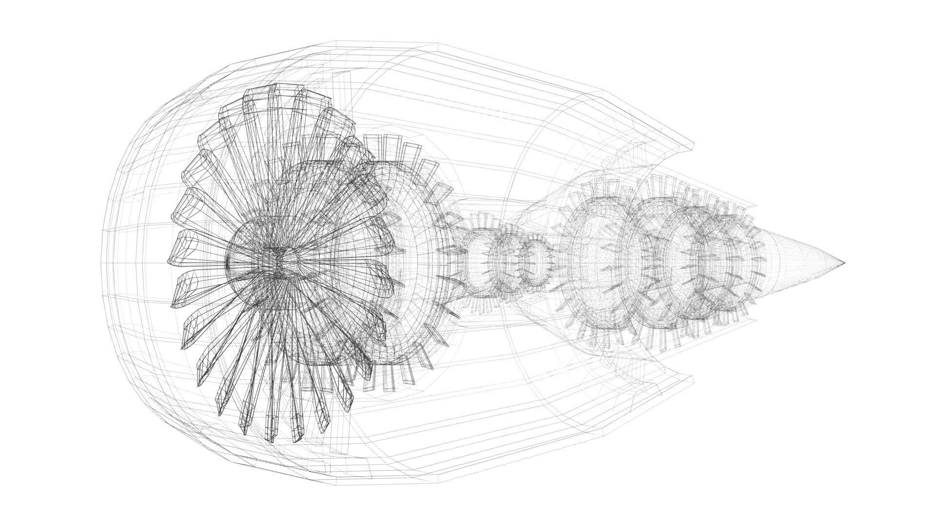 Working Jet Engine With Rotating Blades 3d Wireframe Model On White