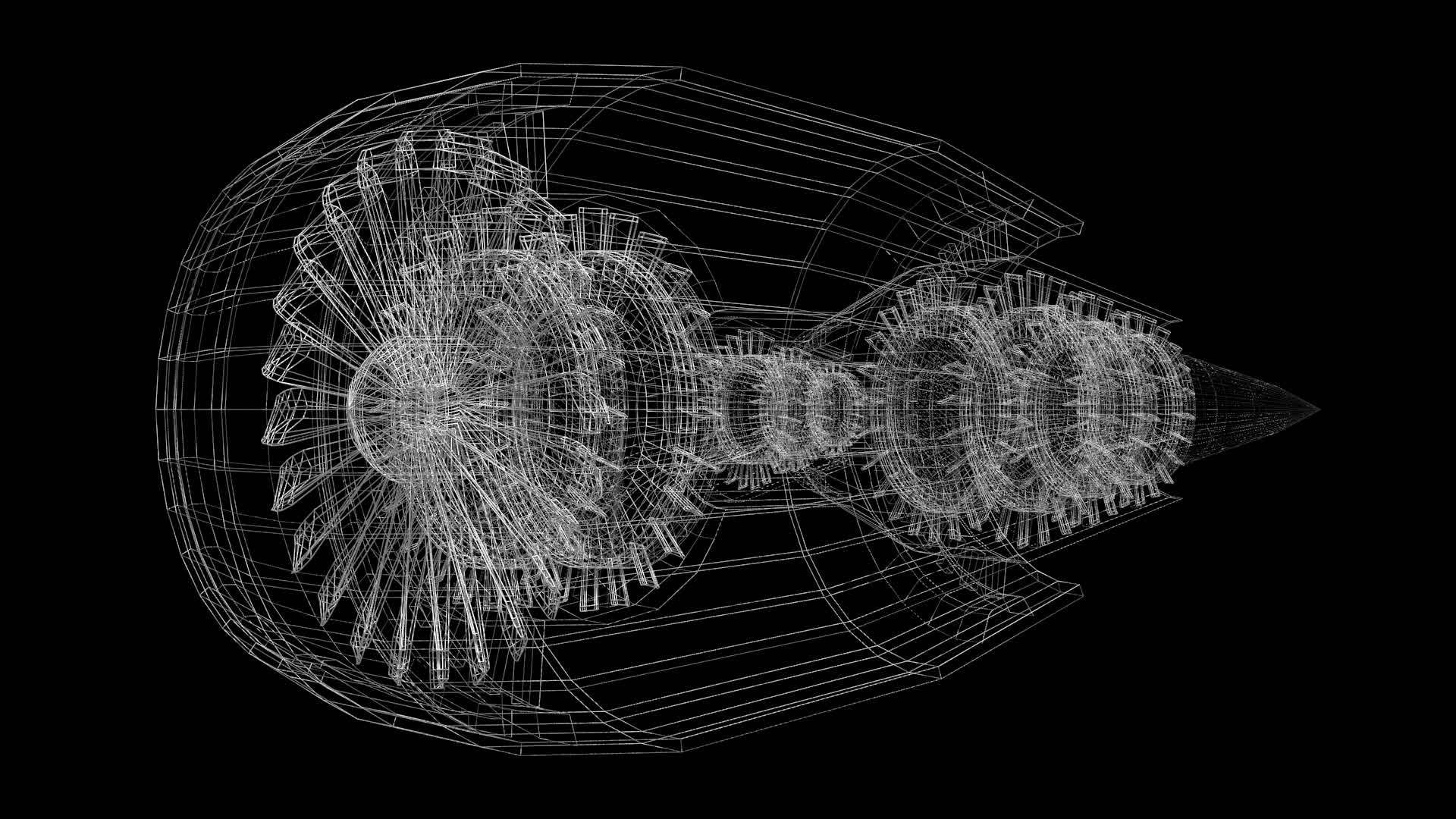 Working Jet Engine With Rotating Blades 3d Wireframe Model On Black