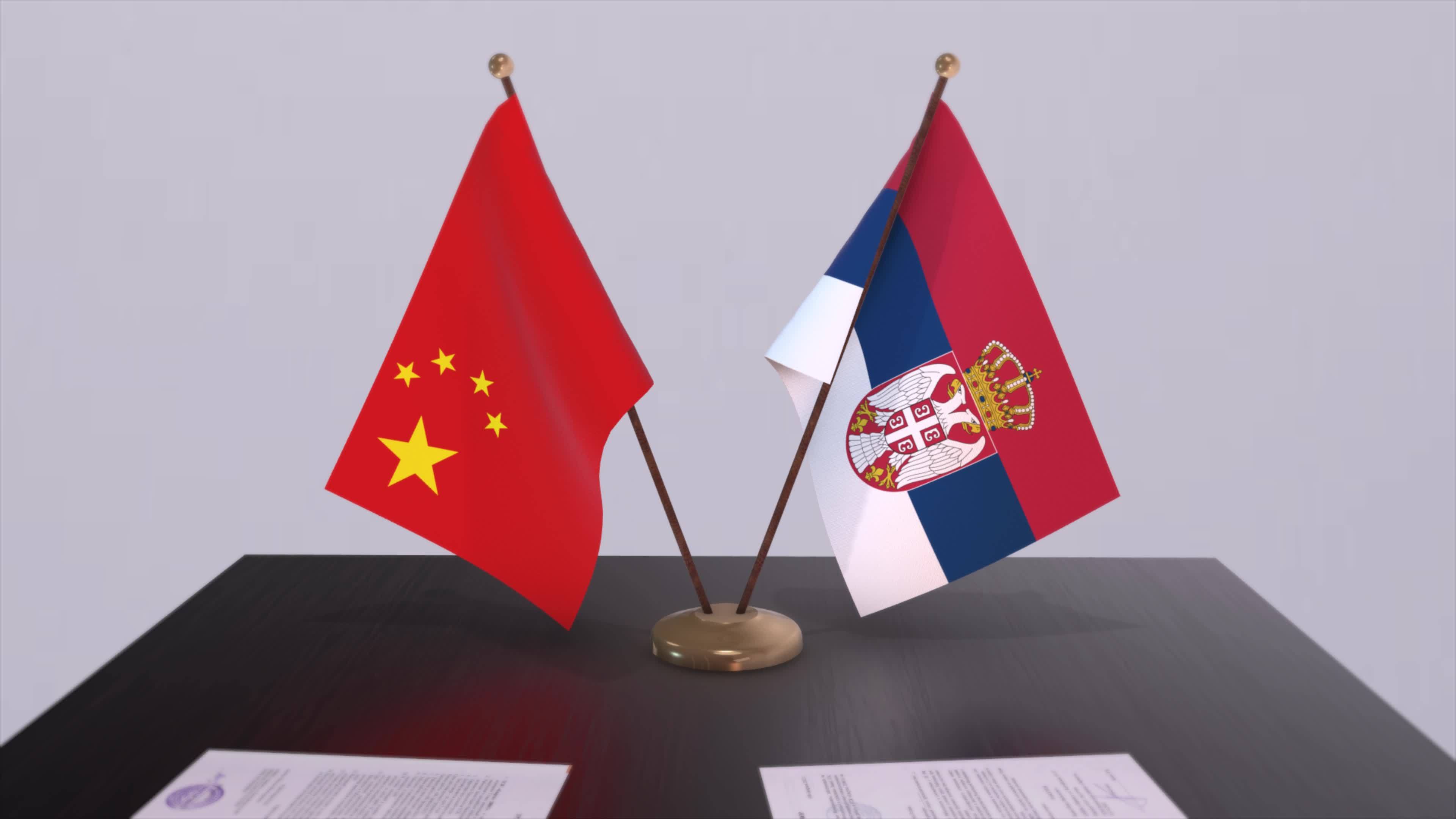 Serbia and China flag 3D background. Politics illustration. Deal, agreement animation. Signing ...
