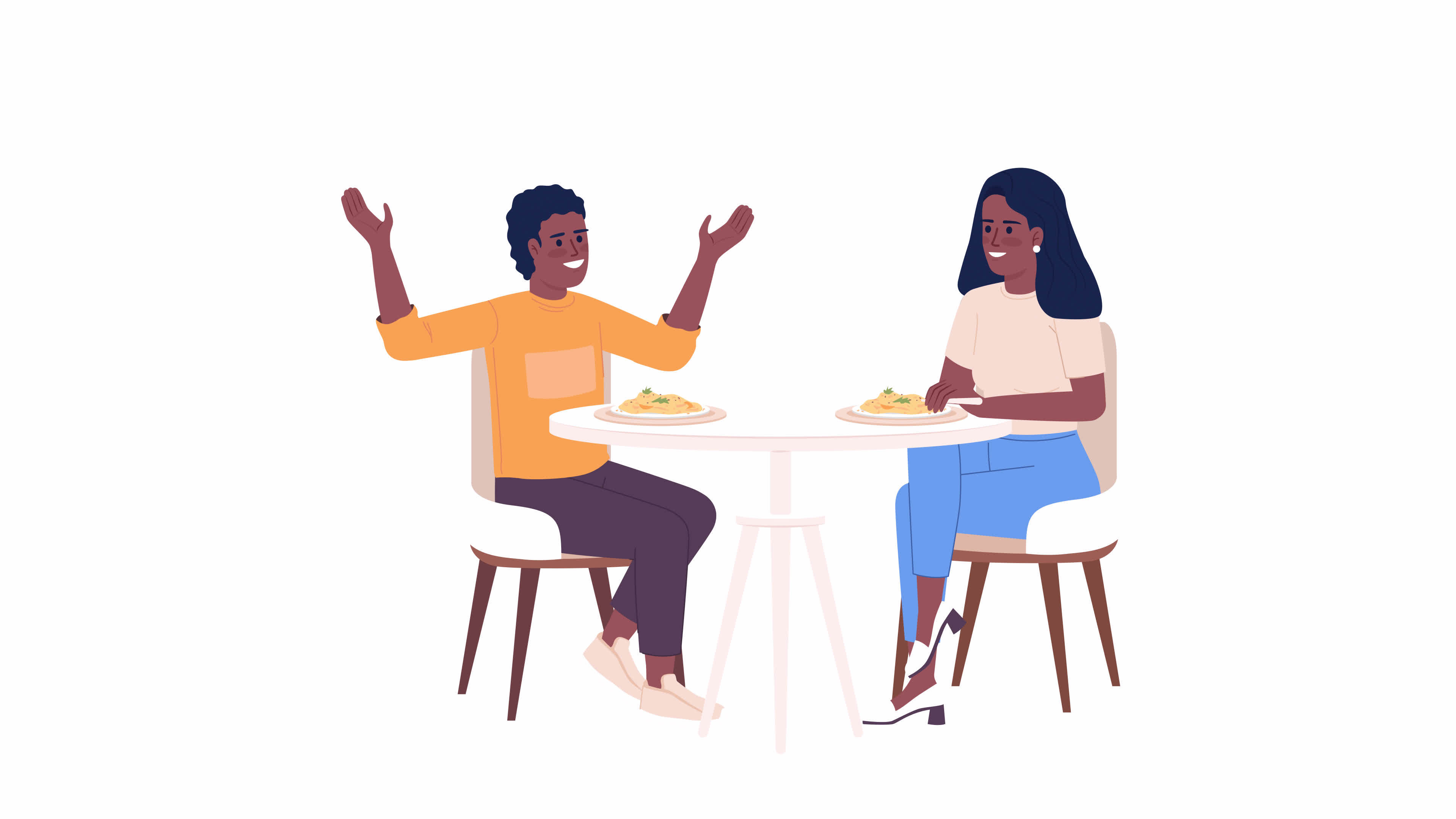 Animated enjoying dinner with mom. Family bonding. Full body flat ... Animated enjoying dinner with mom. Family bonding. Full body flat ...