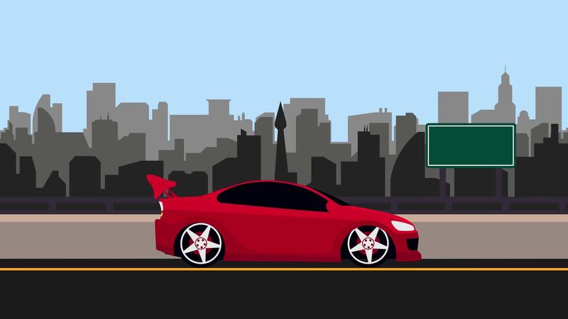 Animated cartoon design of traffic on the highway with moving sport car . Cartoon in 4k ...