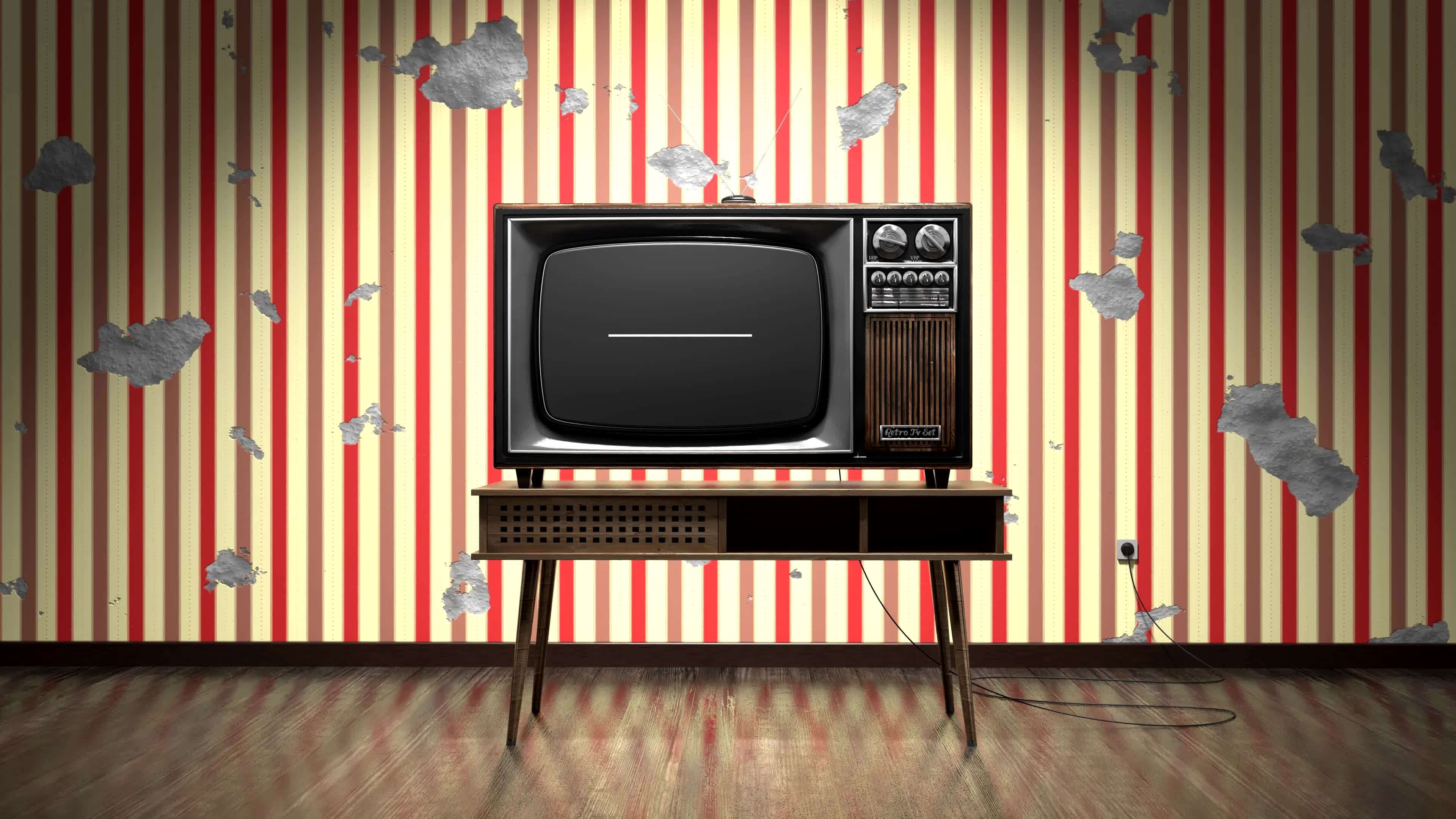Retro Tv Receiver with Green Screen Standing on a Table, Wallpaper with Stripes on Cracked Wall ...