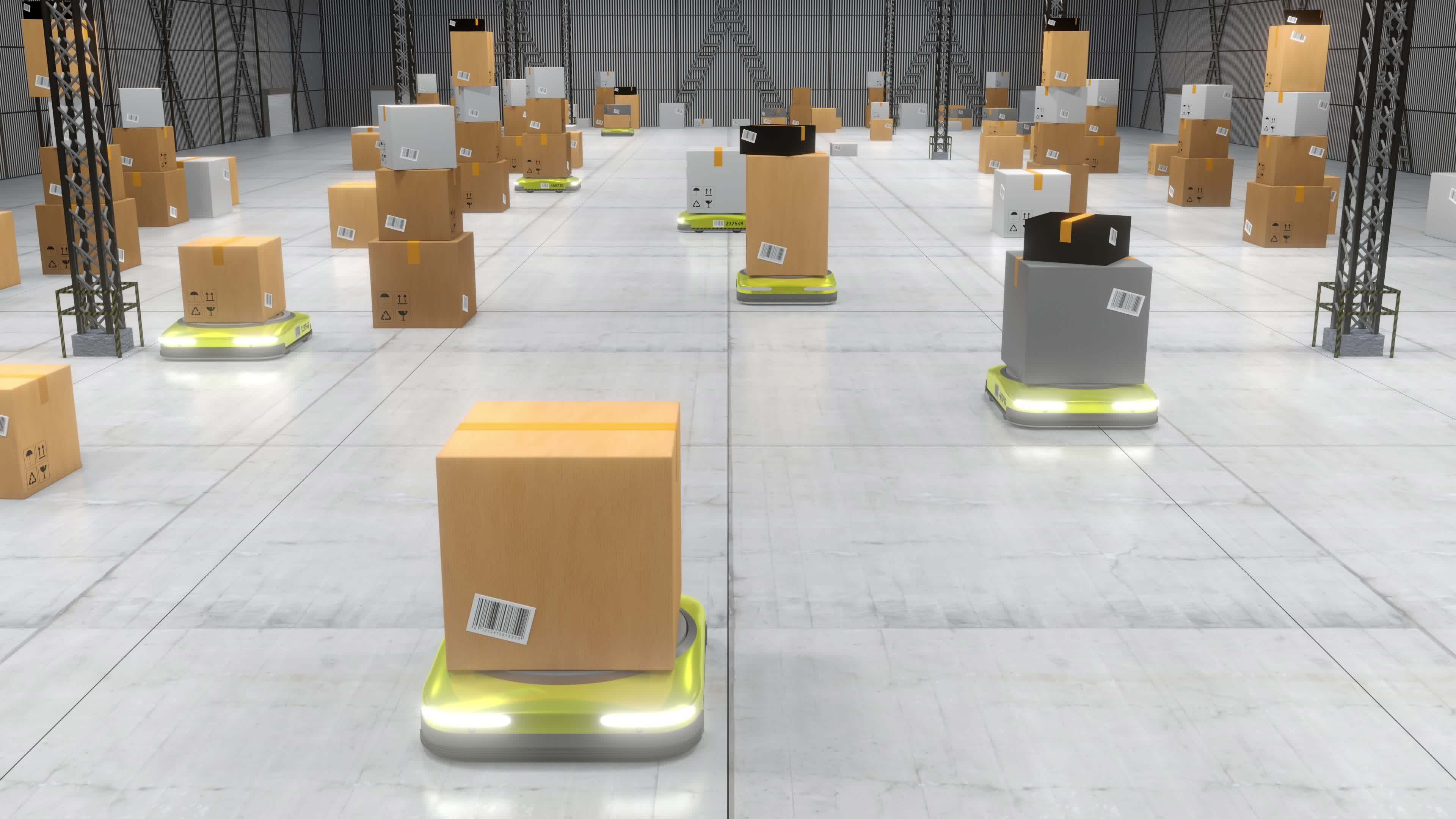 Yellow Autonomous Robots Transporting Packages In Warehouse