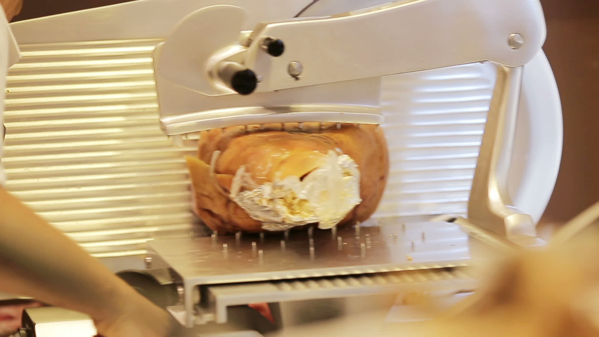 Slicing Of Italian Dry Cured Ham Prosciutto Seller Ham Slices In A