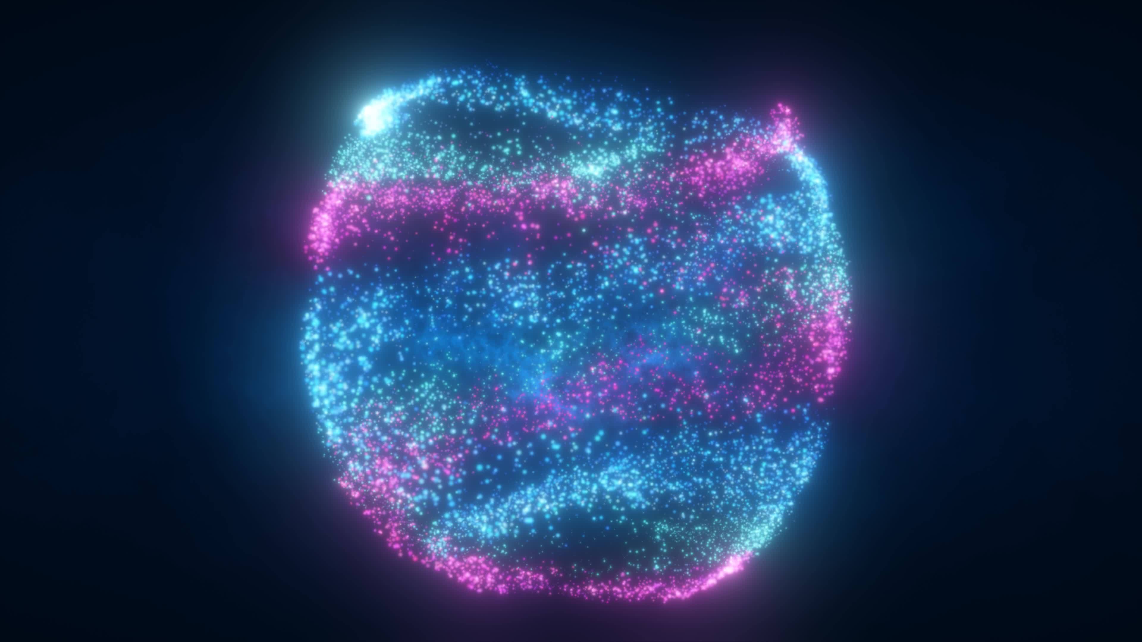 Abstract sphere ball of blue and purple glowing bright flying energy particles and dots abstract ...