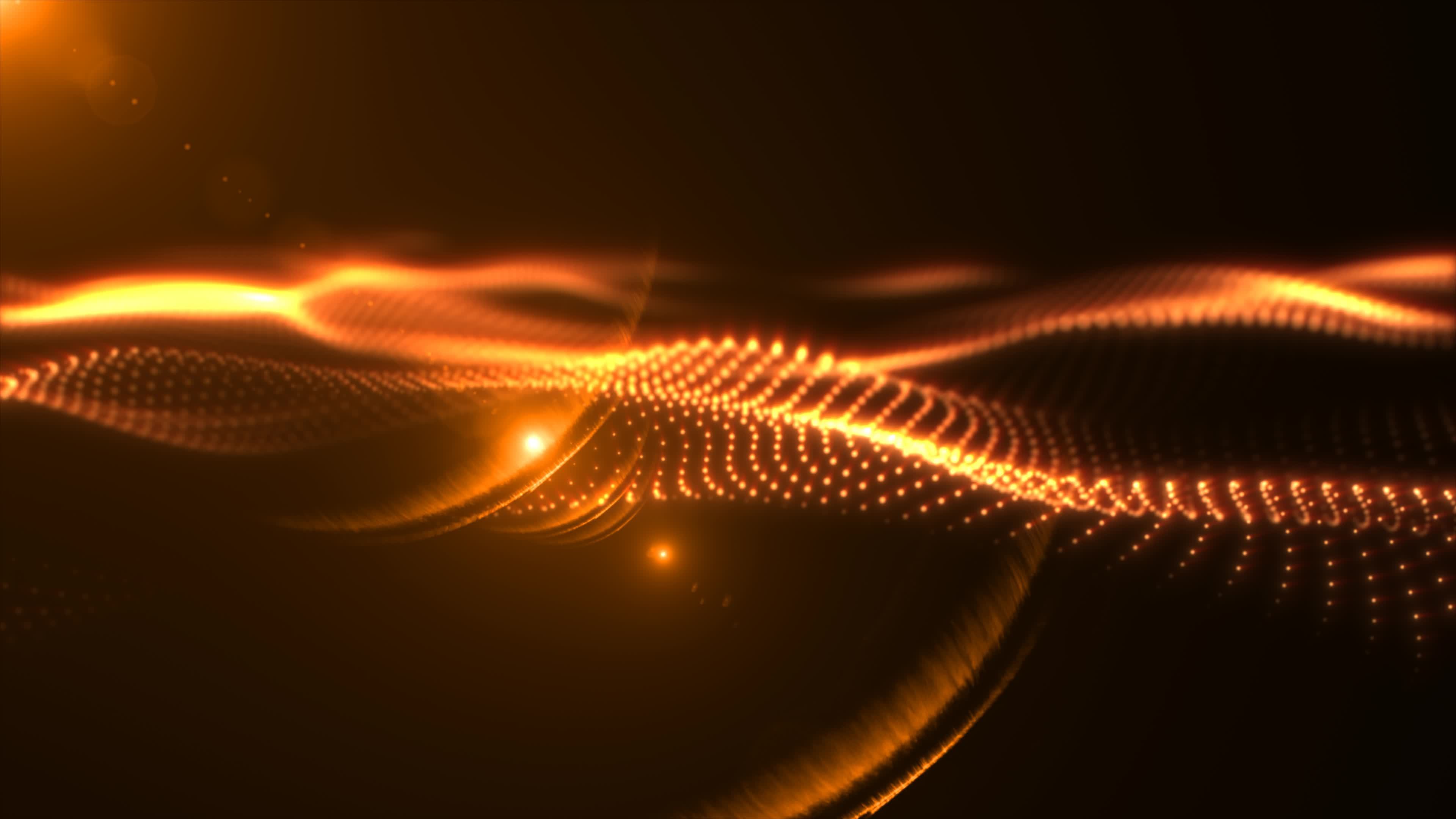 Abstract yellow orange glowing waves from particles and dots energy ...