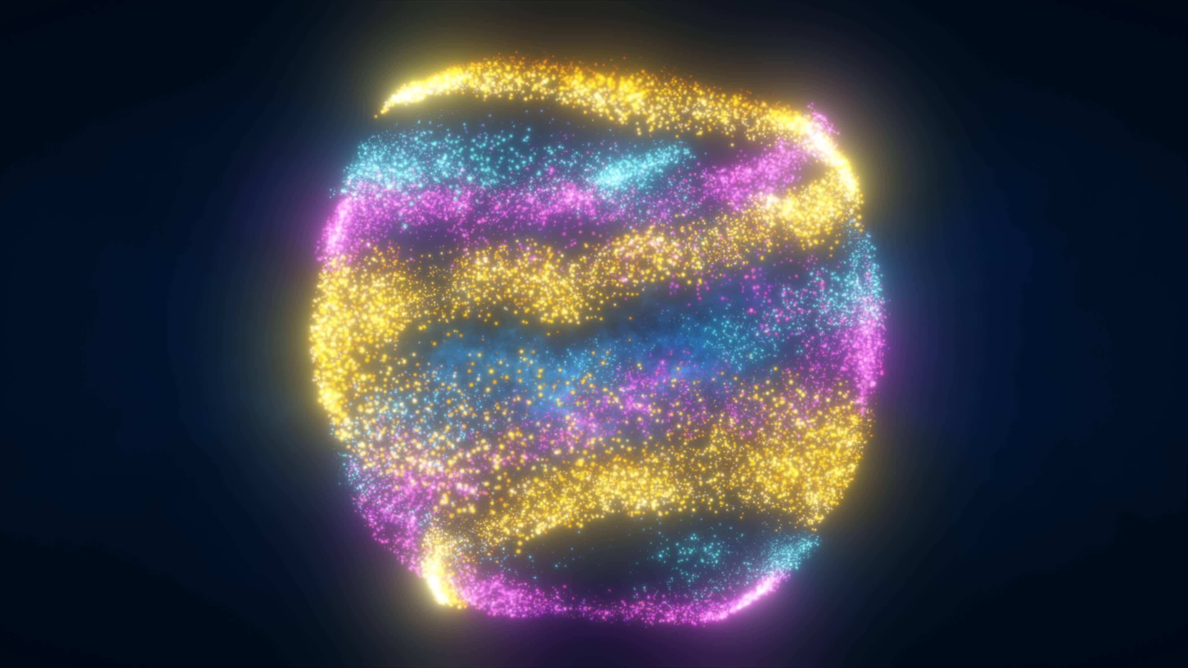 Abstract sphere ball of yellow blue and purple glowing bright flying energy particles and dots ...