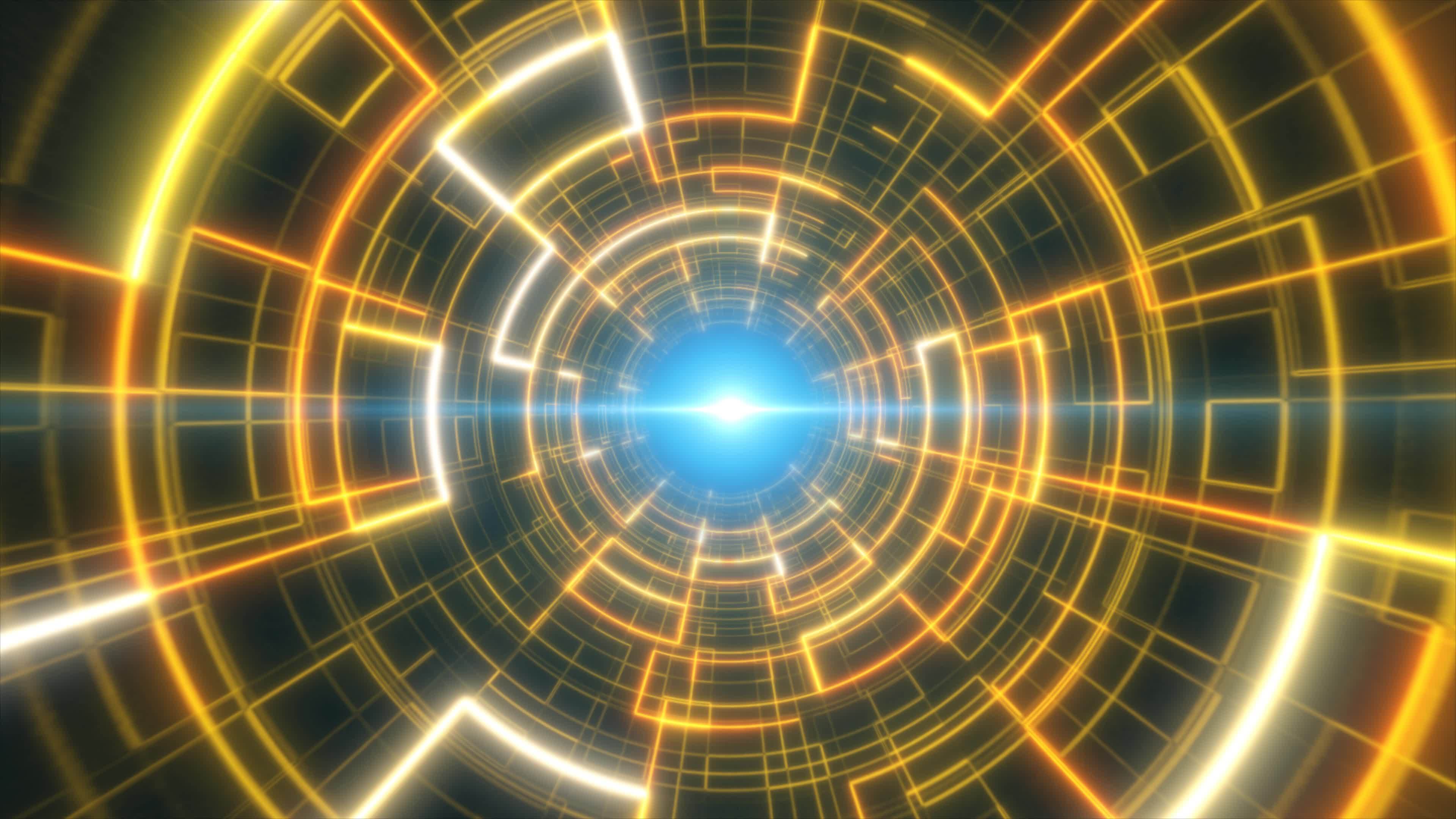 Abstract yellow glowing neon laser tunnel futuristic hi-tech with energy lines, abstract ...