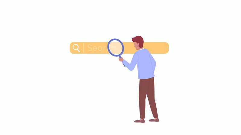 Animated guy with search string. Curious man with magnifying glass. 2D ...