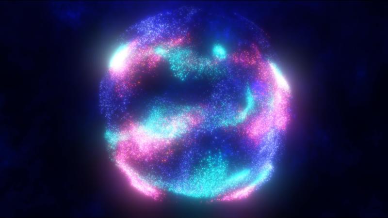 Abstract sphere ball of blue and purple glowing bright flying energy particles and dots abstract ...