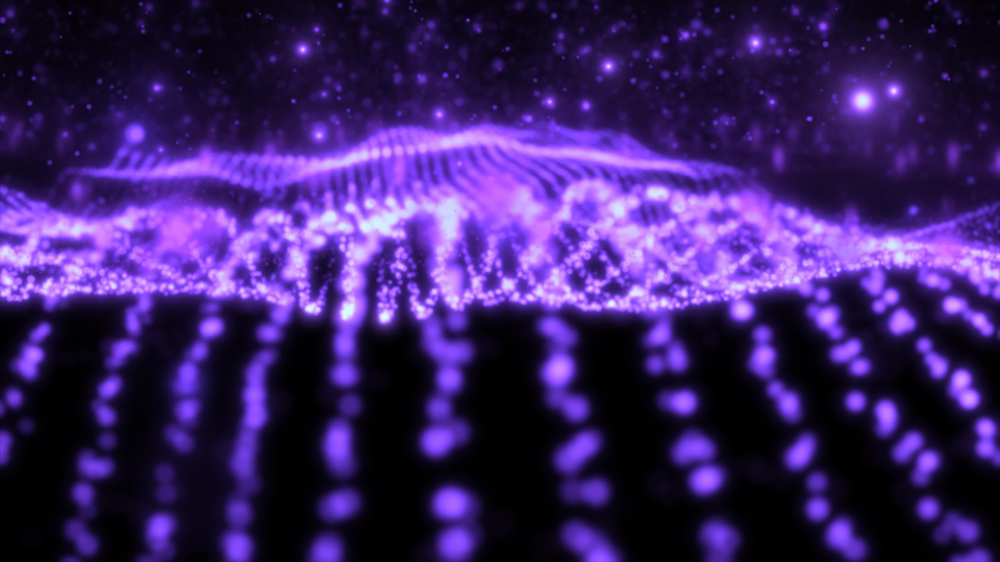 Abstract Purple Wave Lines From Particles And Dots Of Energetic Magic With Glow Effect And Blur