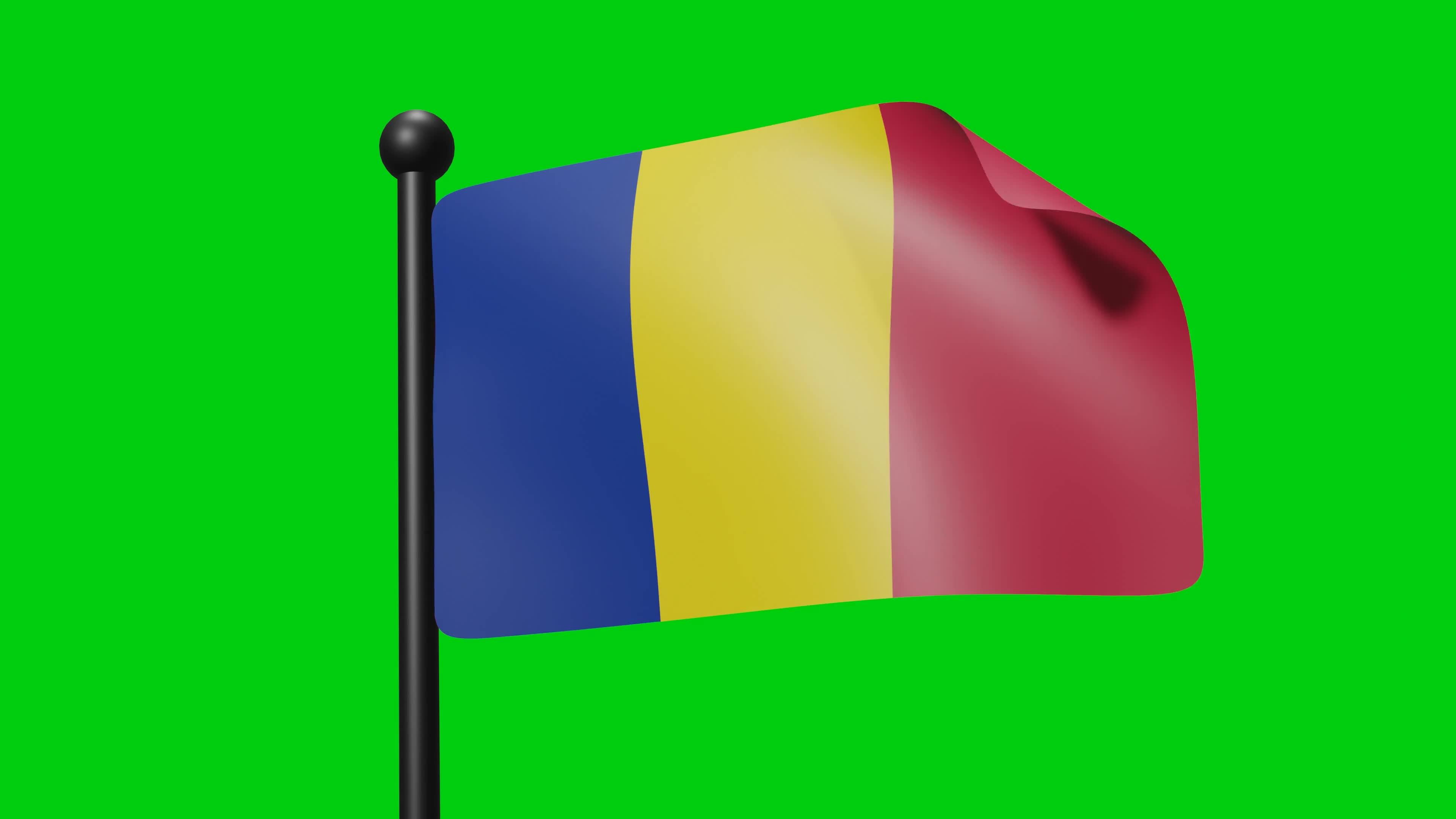 Romania Flag Waving in Slow Motion on the green background. 3D Render Flag. National Day ...