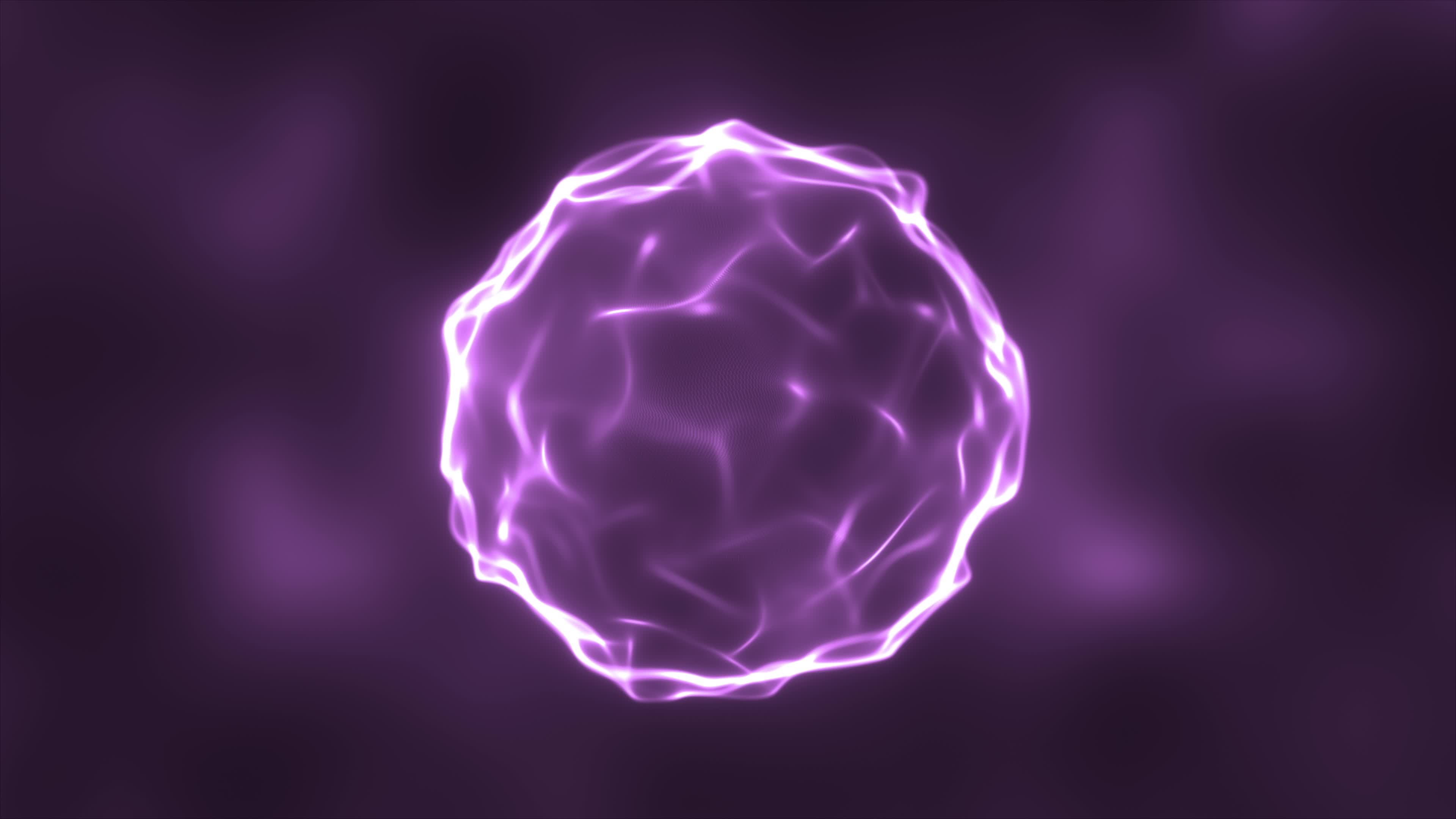 Abstract purple energy round sphere glowing with particle waves hi-tech digital magic abstract ...