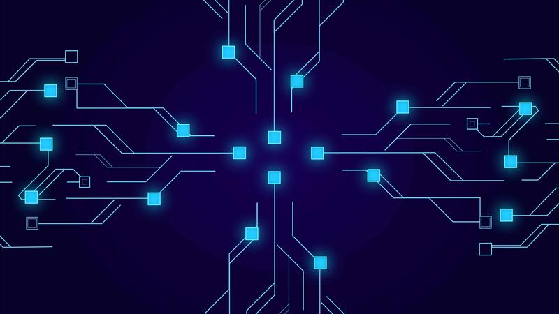 Circuit Board with moving electrons Data Flow Loop Background Animation. Artificial Intelligence ...