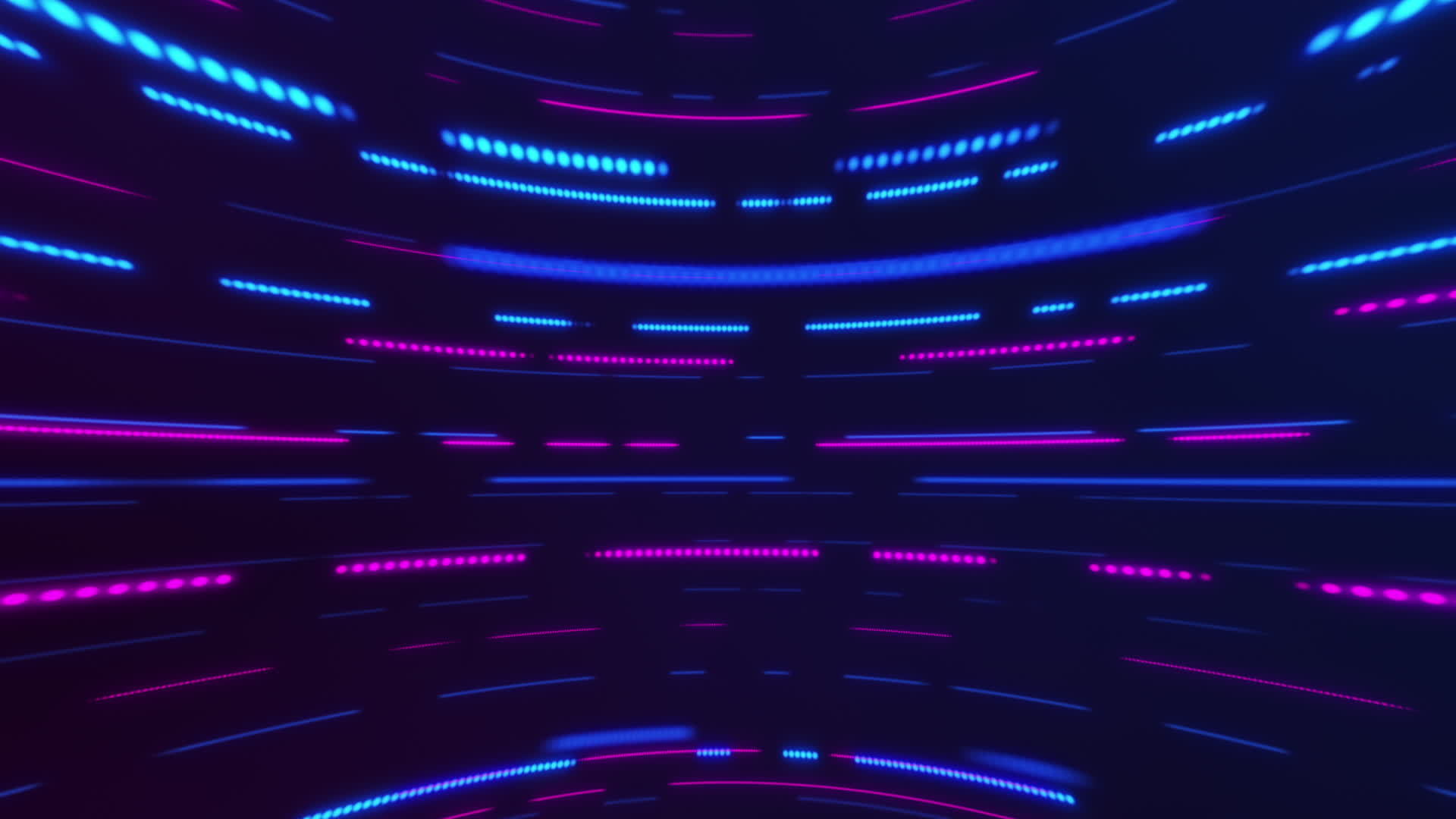 Trendy cyberpunk background with glowing pink and blue neon lines, dashed lines and dots moving ...