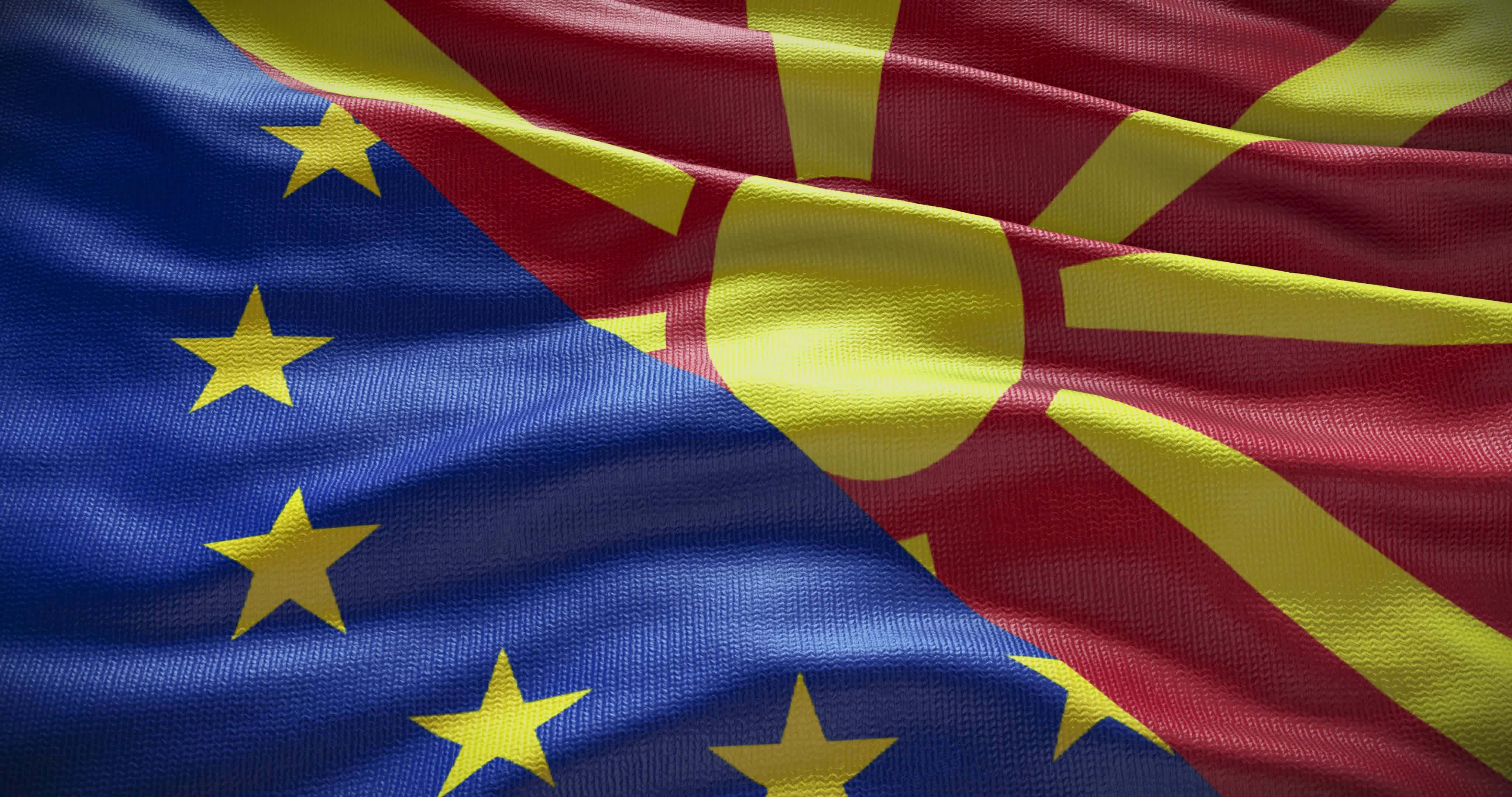 North Macedonia and European Union flag background. Relationship between country government and ...