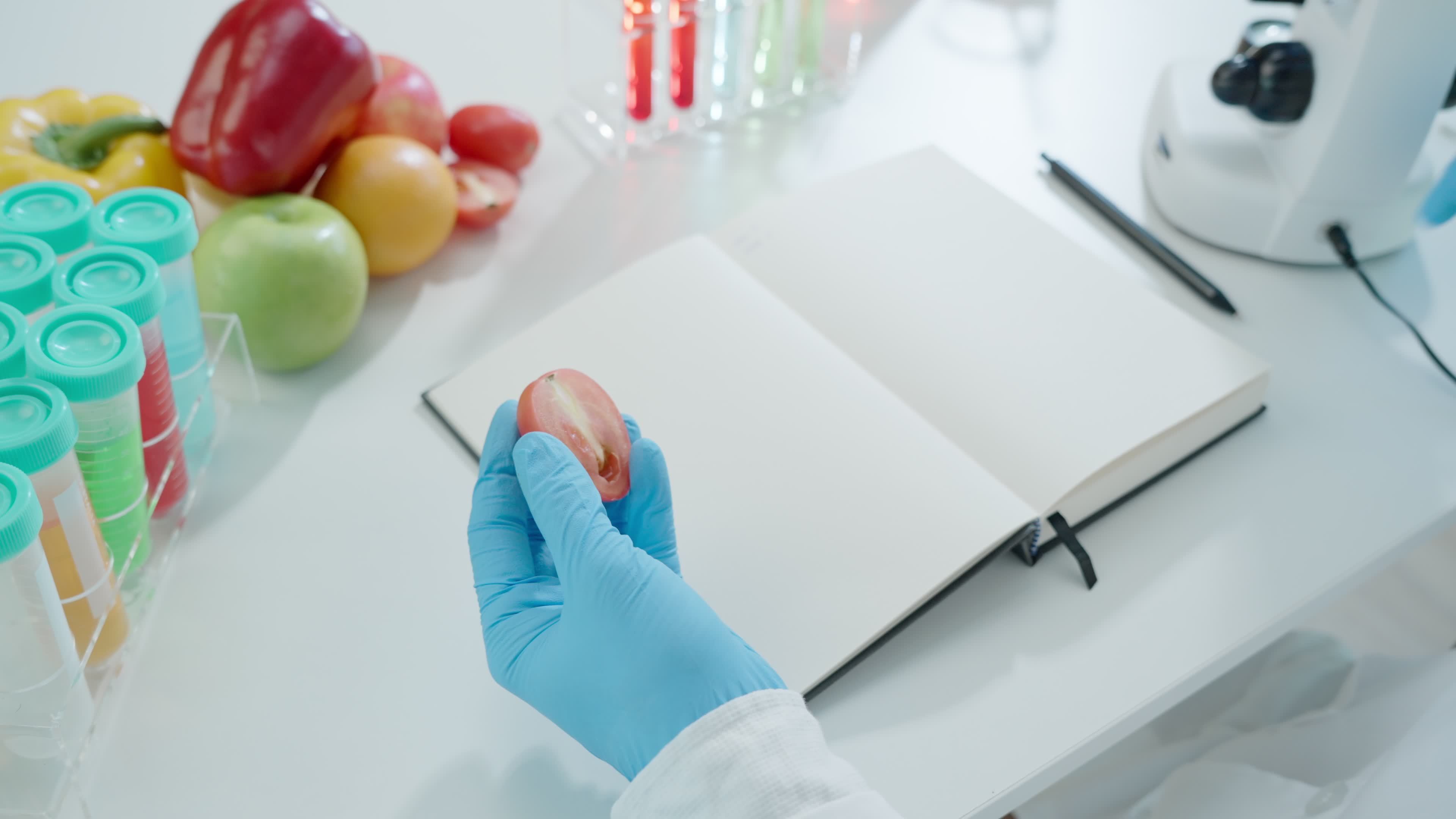 Scientist check chemical food residues in laboratory. Control experts inspect quality of fruits ...