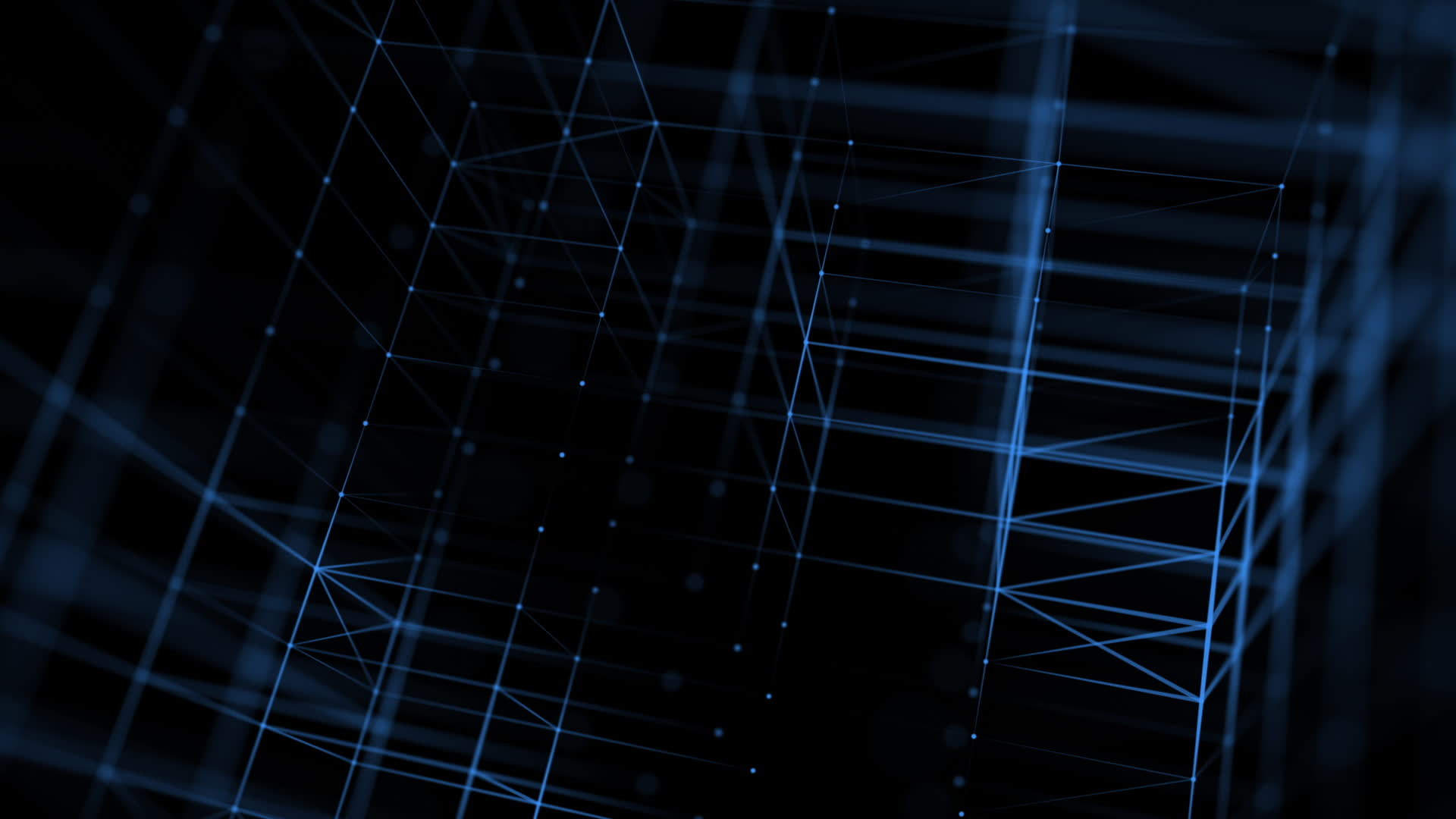 Rotating blue cube grid of glowing plexus lines and dots. This modern ...