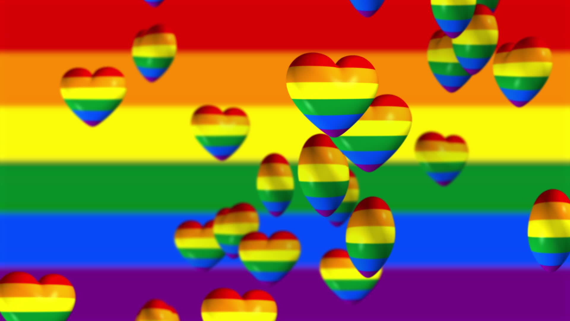 LGBTQ Pride Flag background with floating rainbow colored heart shaped balloons. Full HD and ...