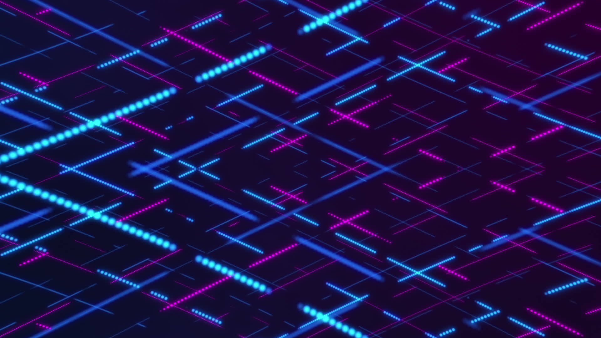 Glowing pink and blue neon lines and dashed lines and dots gently moving diagonally across the ...