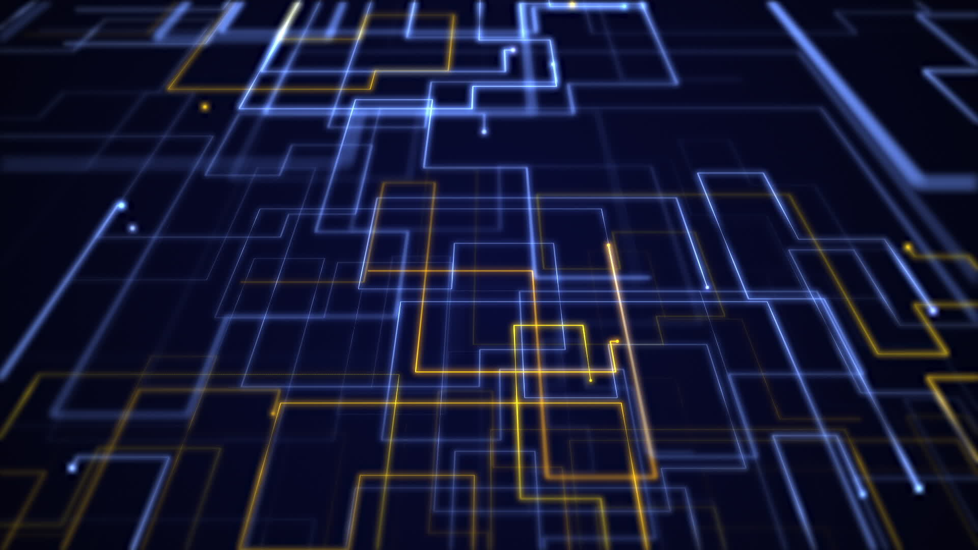 3D circuit board styled tech motion background with fast moving blue and gold digital data nodes ...