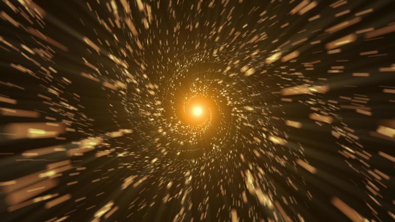 Outer space cosmic interstellar background. Flying at hyperspace warp speed through a golden ...