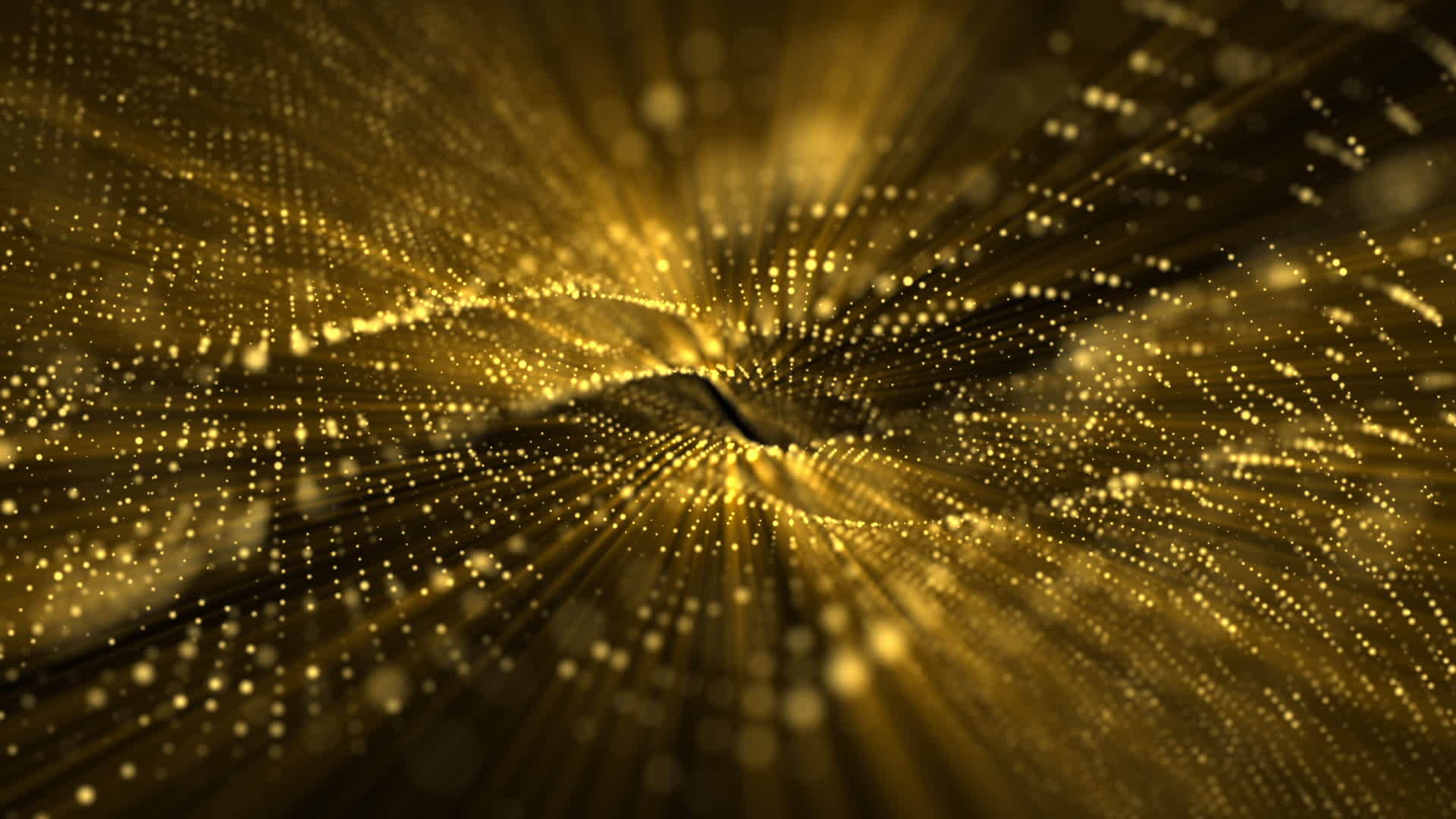 Abstract technology background with a flowing digital fractal wave of glowing golden particles ...