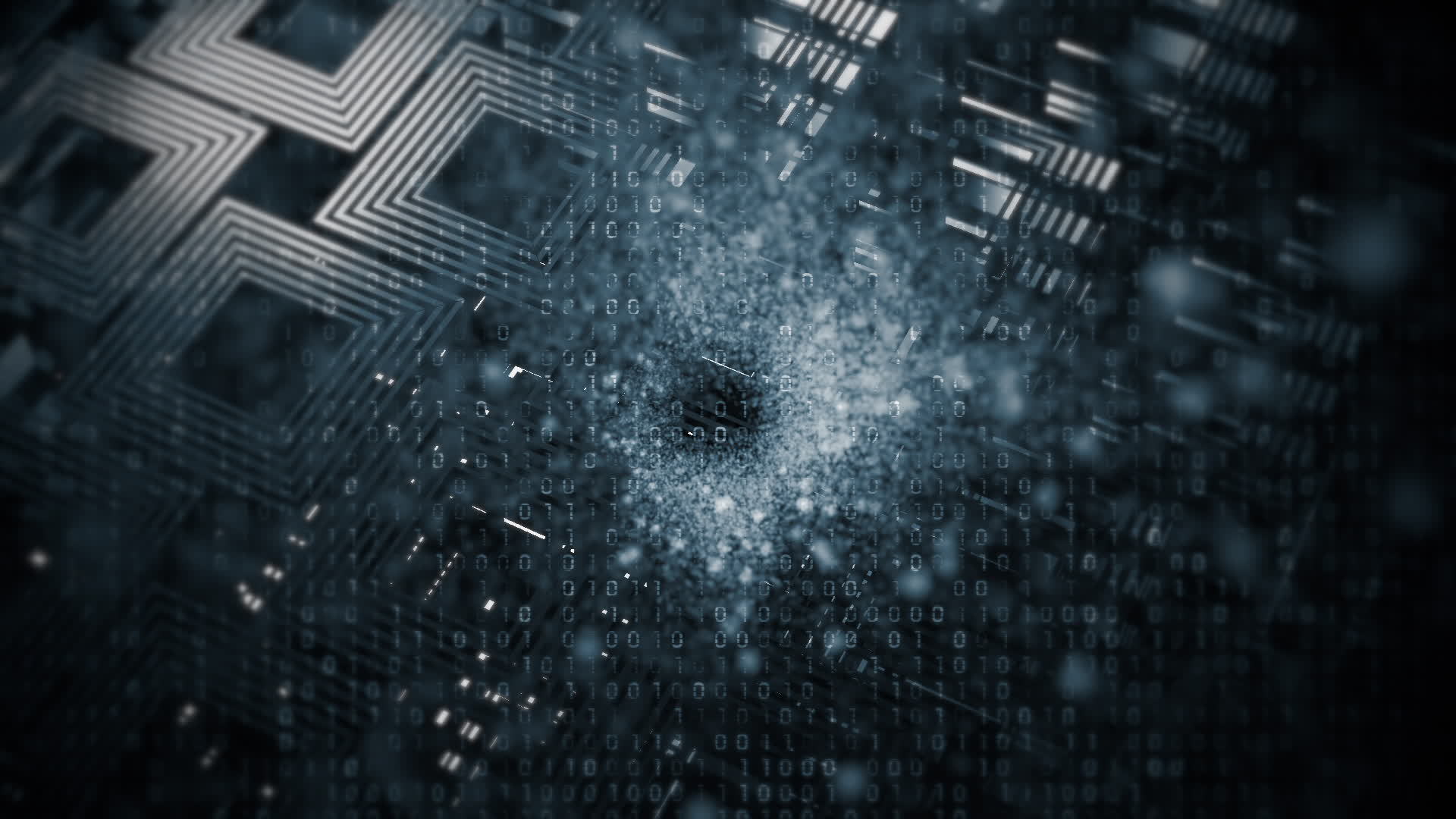 Dark technology background with rotating tech squares, flowing data ...