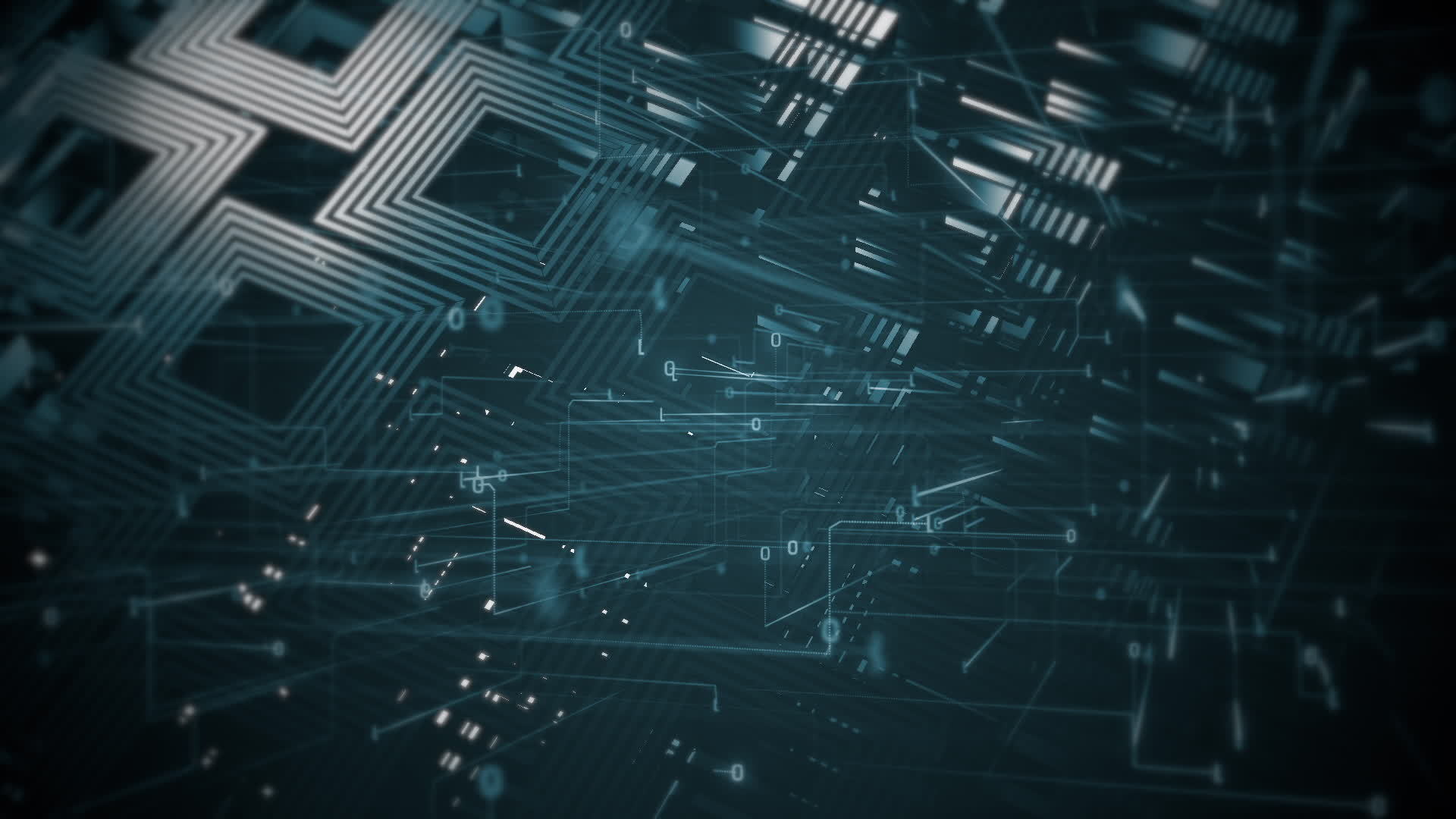 Dark technology background with rotating tech squares and flowing ...